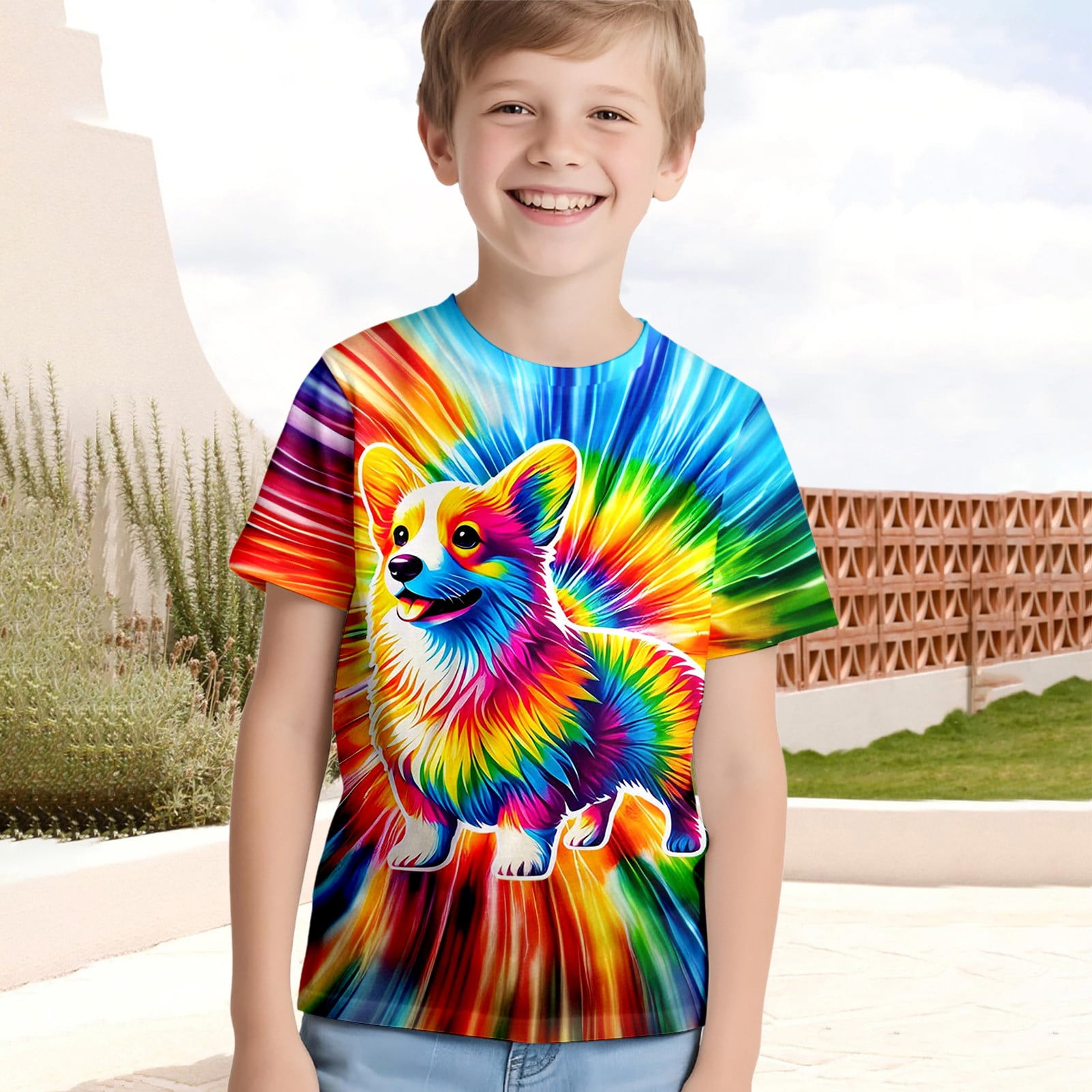 Boy Shirts Size 8-9Y Kids Colorful Tie Dye Short Sleeve Crewneck Tee ...