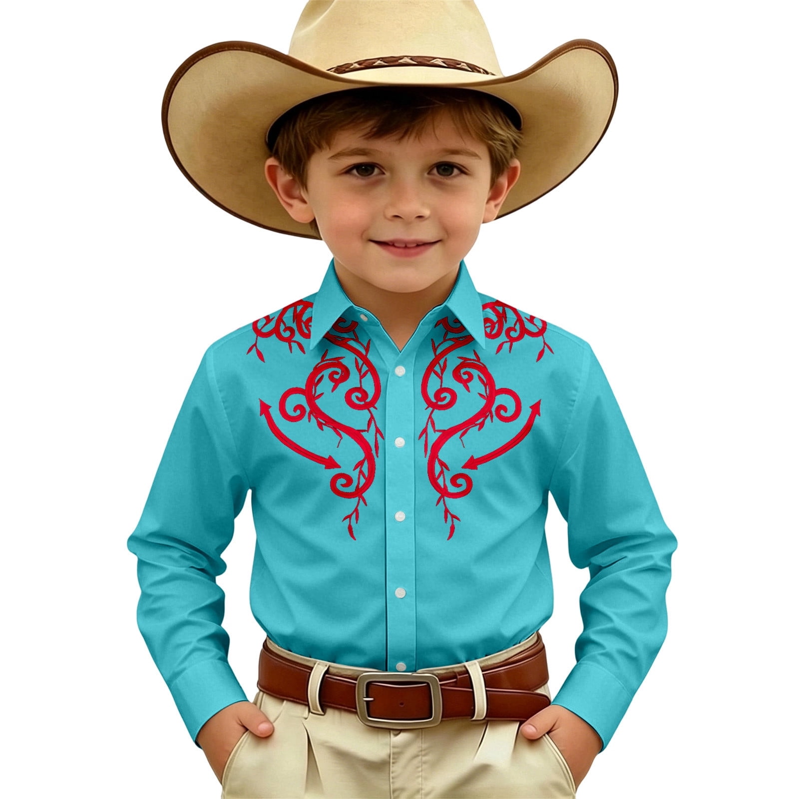 Boy Shirts Youth Cowboy Print Long Sleeve Shirt Turn Down Collar Button ...