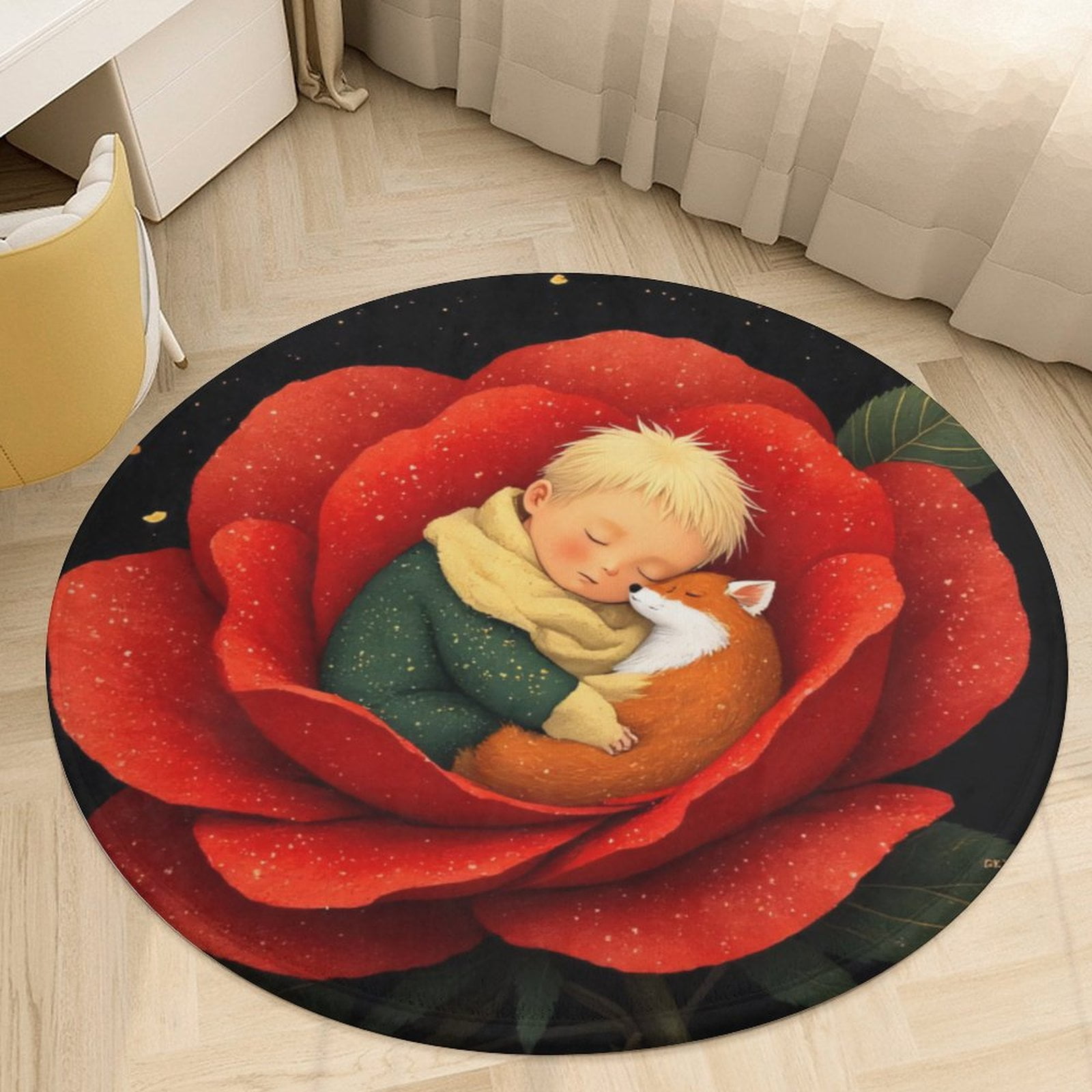 Boy Sleeping in Rose with Fox Round Area Rugs for Bedroom Living Room ...