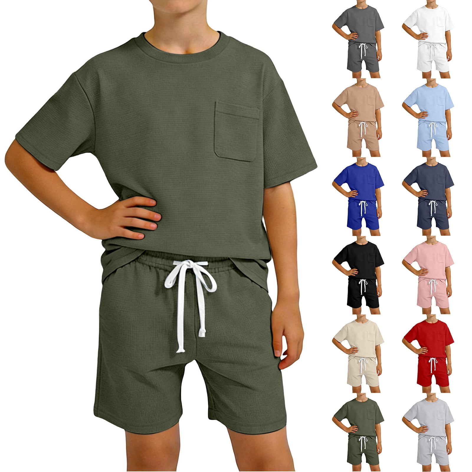 Boy Summer Outfits Short Sleeve Waffle Pocket Tshirts and Drawstring ...