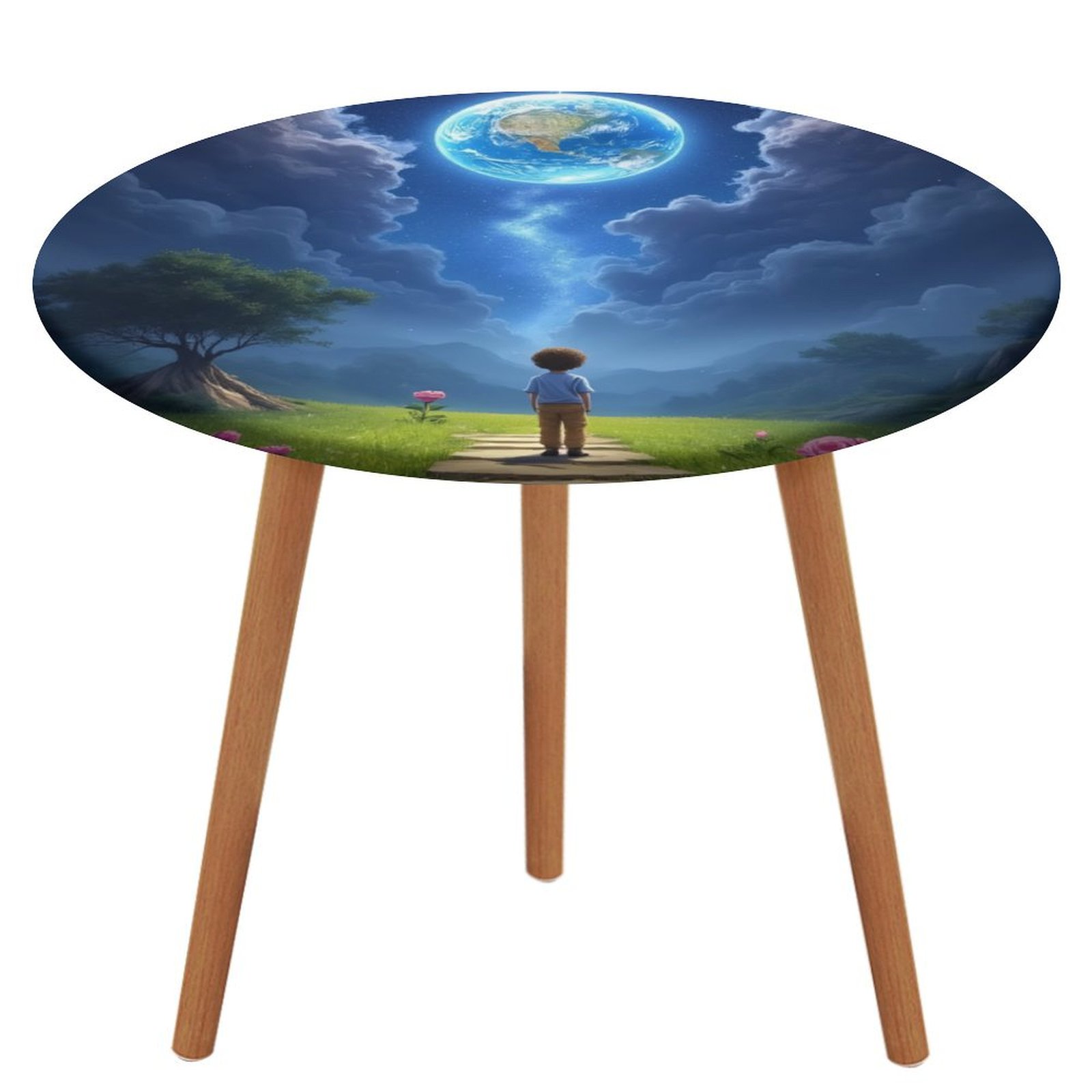 Boy Watching Earth Pattern Round Tablecloth Waterproof Elastic Table ...