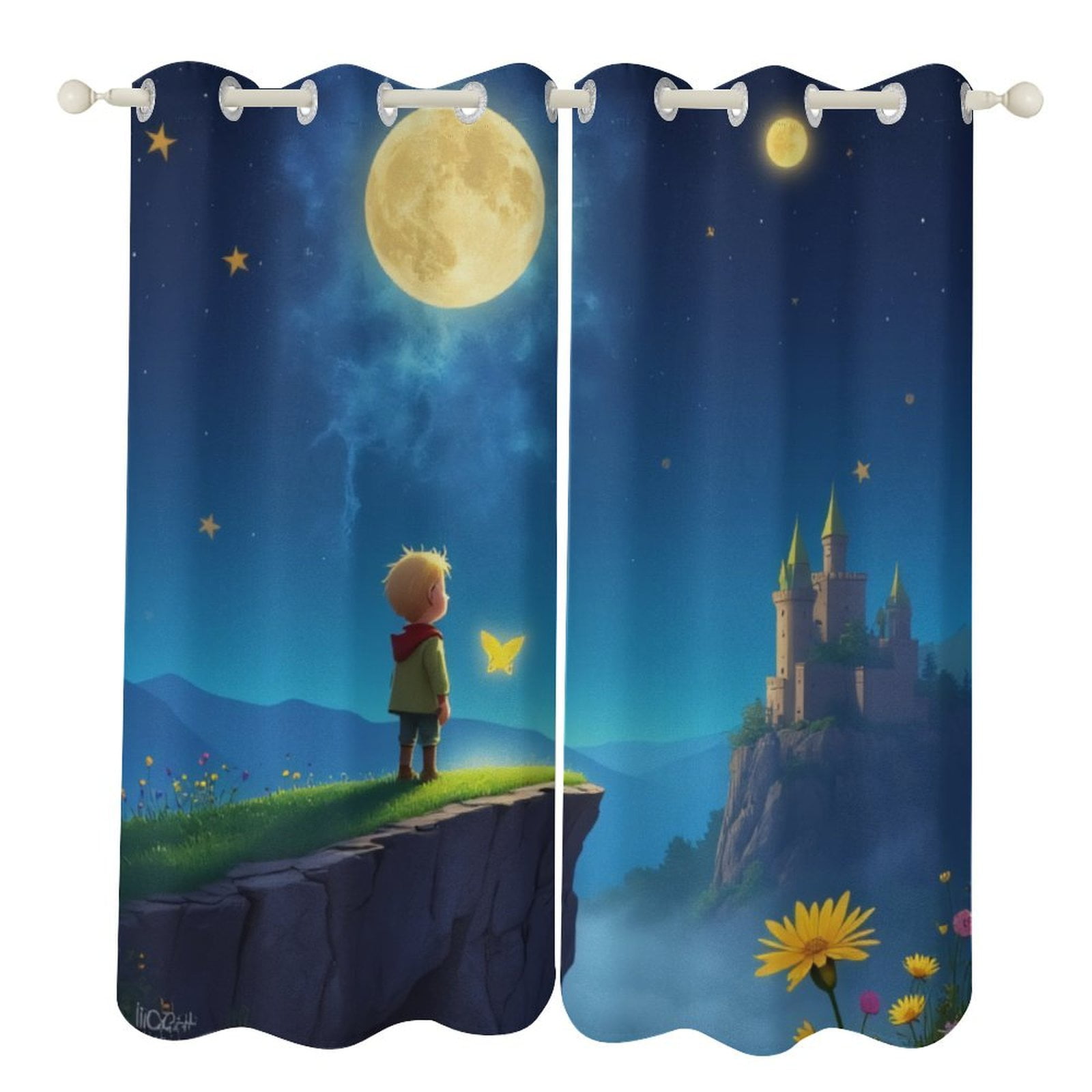 Boy Watching Moon Over Castle 2 Panels 3D Printing Pattern Curtain for ...