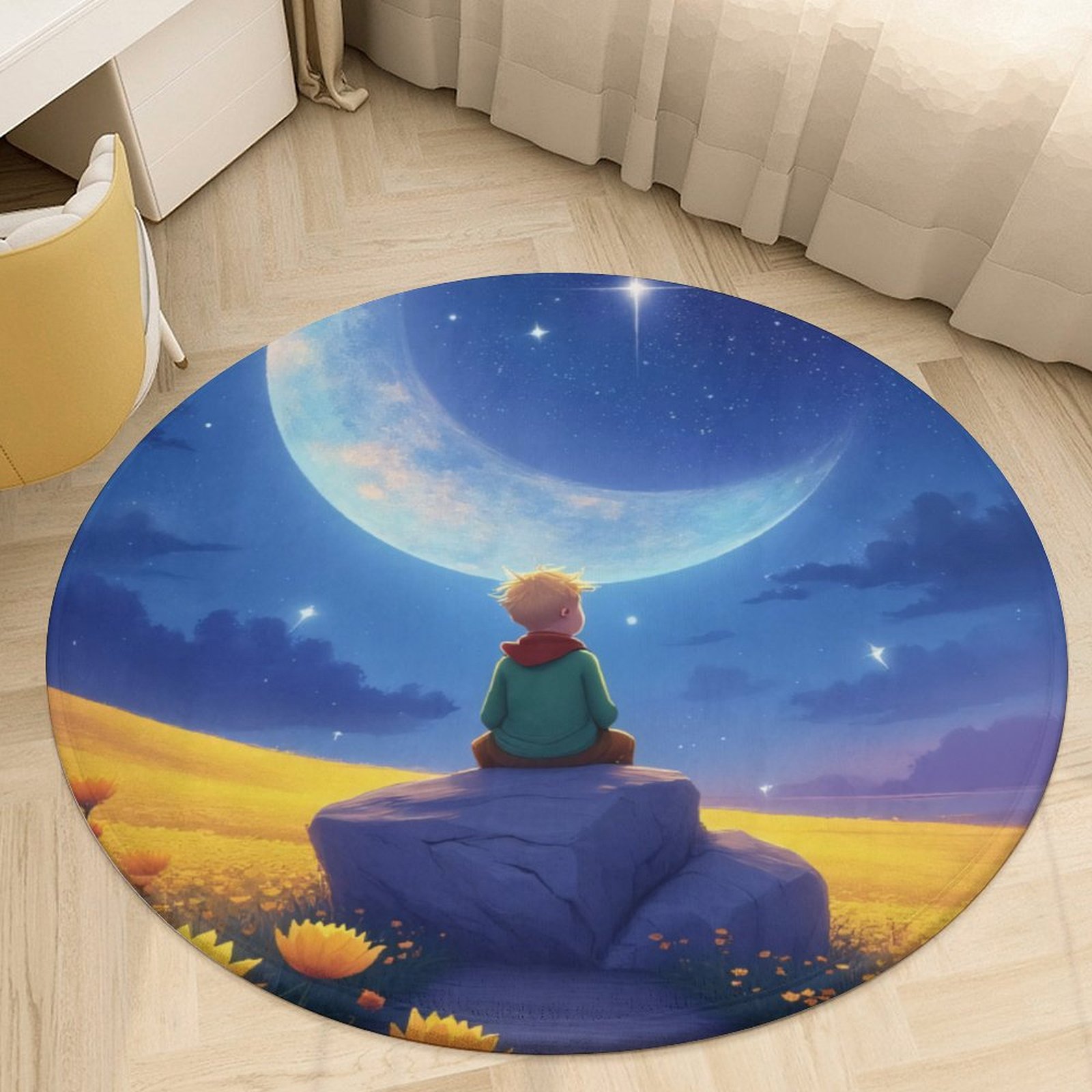 Boy Watching Moon in Field Round Area Rugs for Bedroom Living Room, 5FT ...