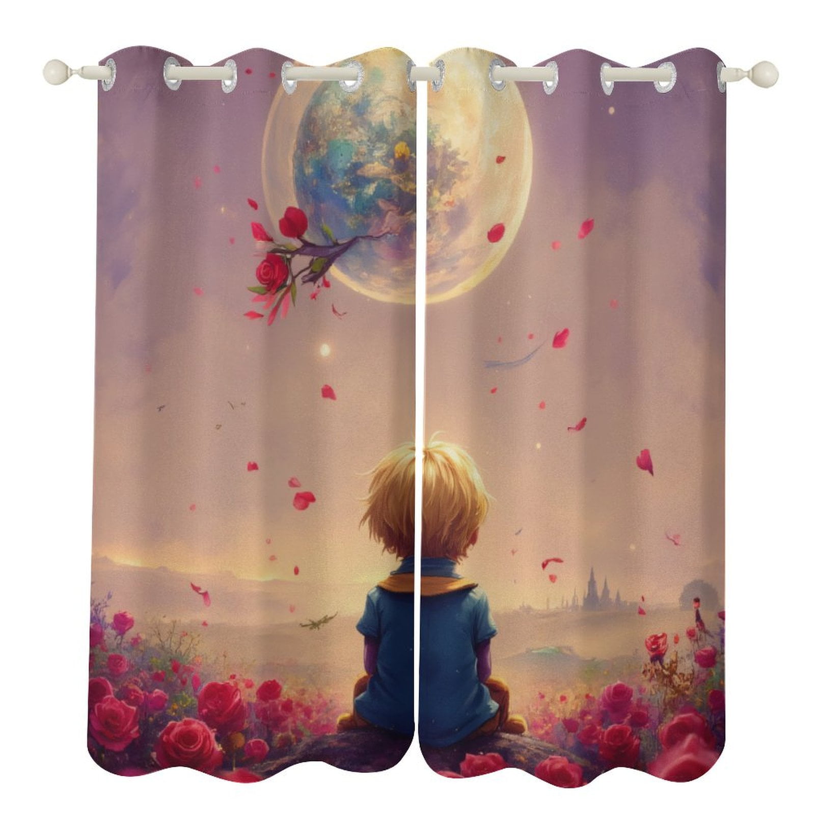 Boy Watching Moon in Flower Field 2 Panels Curtains for Bedroom Living ...