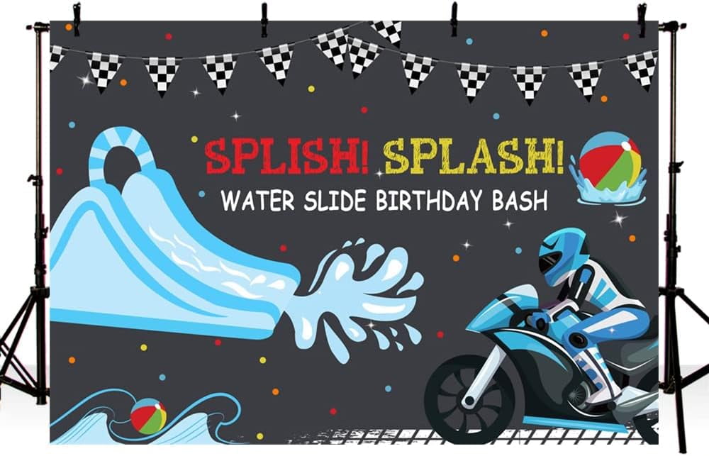 Boy Water Slide Birthday Bash Backdrop Splish Splash Pool Party Motocross Bday Summer Swimming ...