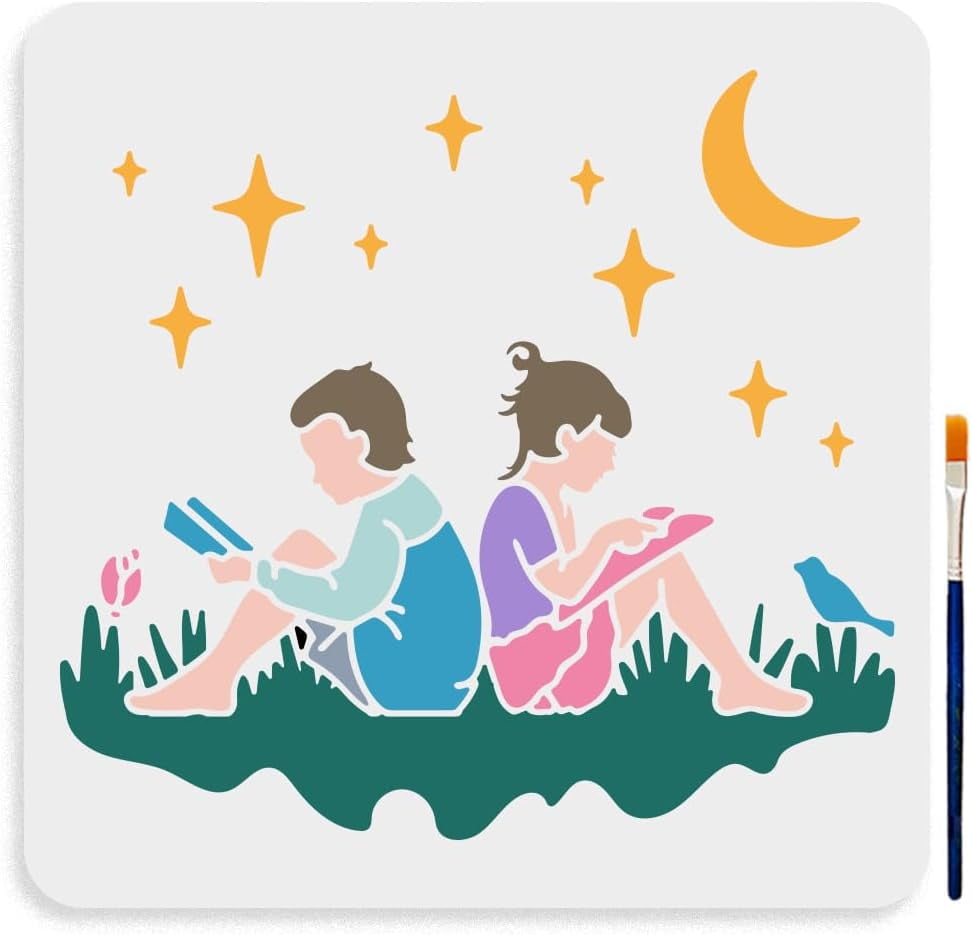 Boy and Girl Reading Stencil 11.8×11.8inch Large Book Reading Under The ...