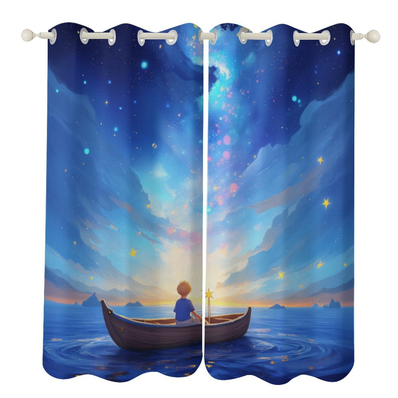 Boy in Boat Under Starry Sky 2 Panels Curtains for Bedroom Living Room ...