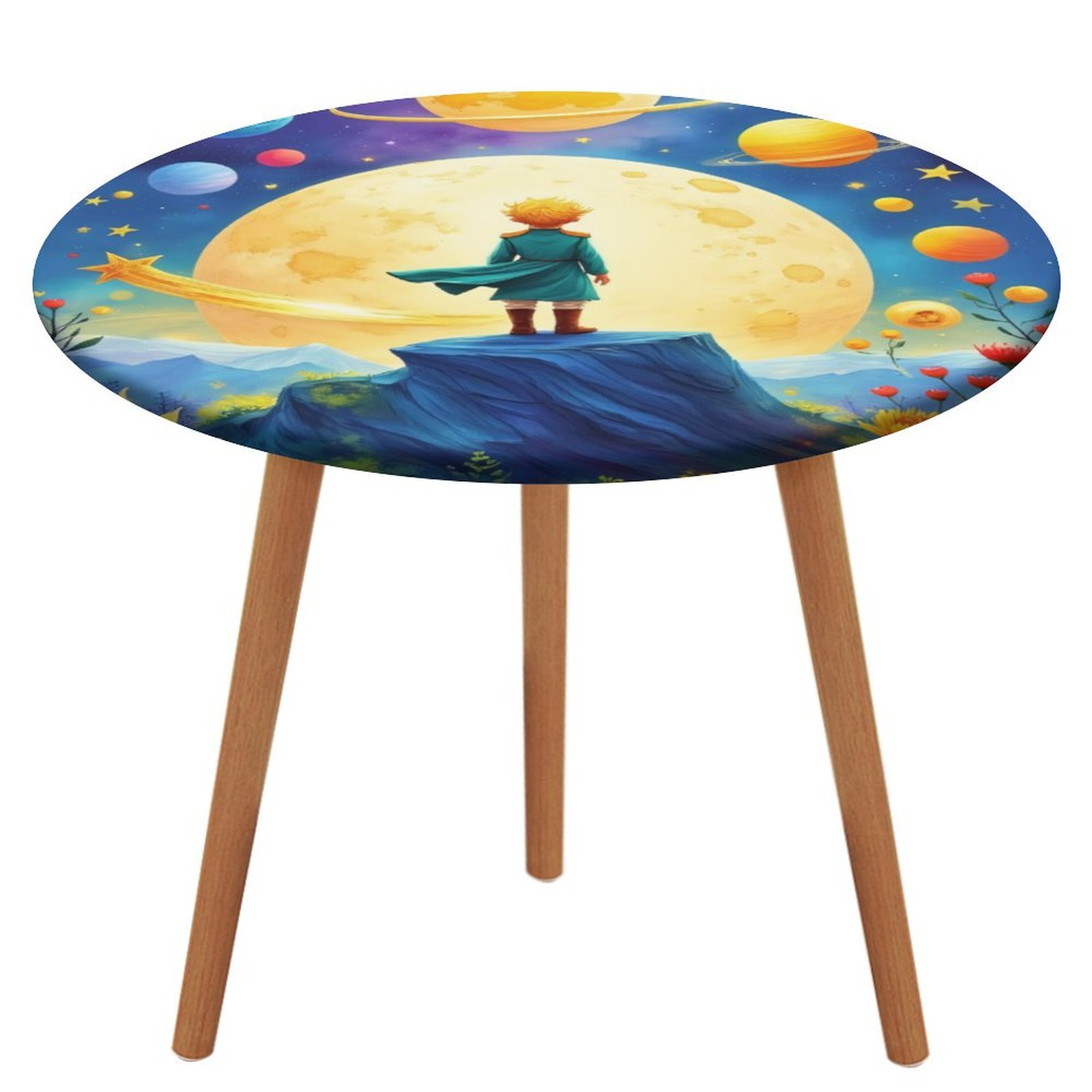 Boy in Space with Planets Pattern Round Tablecloth Waterproof Elastic ...