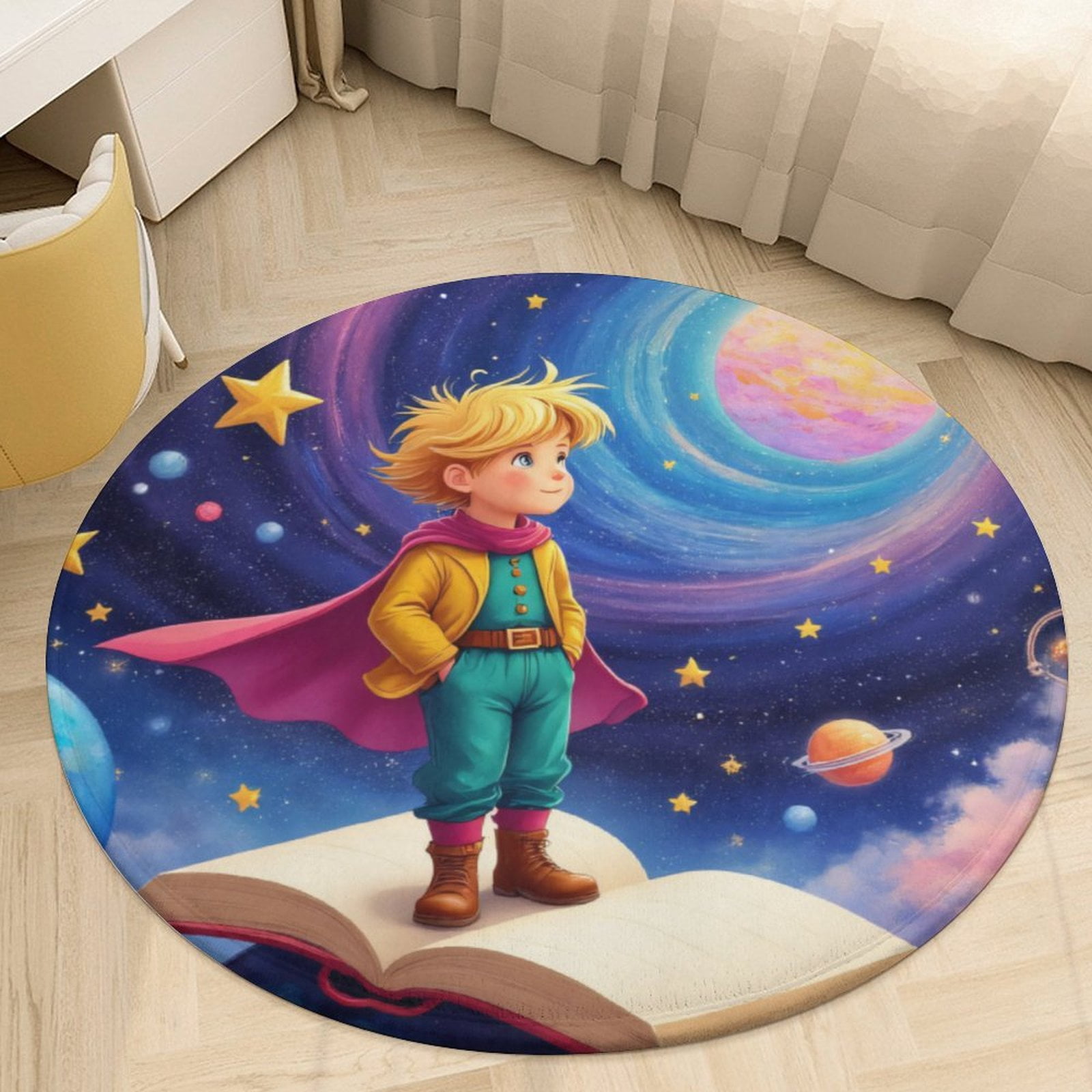 Boy on Book in Space Round Area Rugs for Bedroom Living Room, 5FT Soft ...