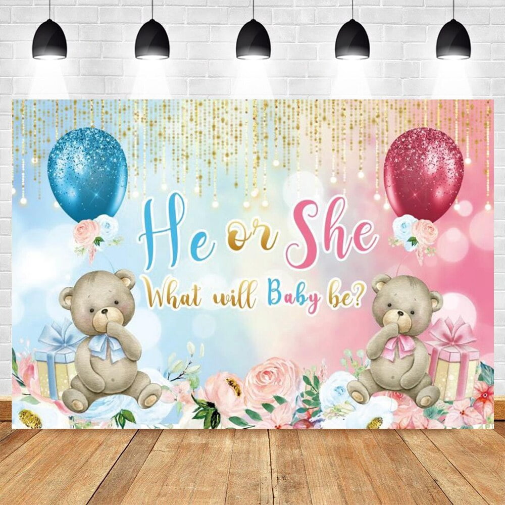 Boy or Girl Gender Reveal Backdrop He Or She Baby Shower Party Blue ...