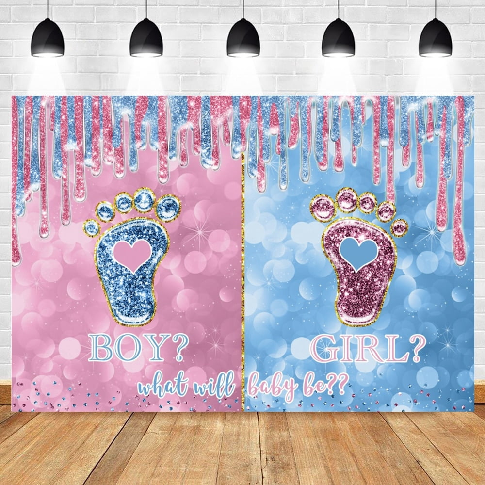 Boy or Girl Gender Reveal Backdrop He Or She Baby Shower Party Blue ...