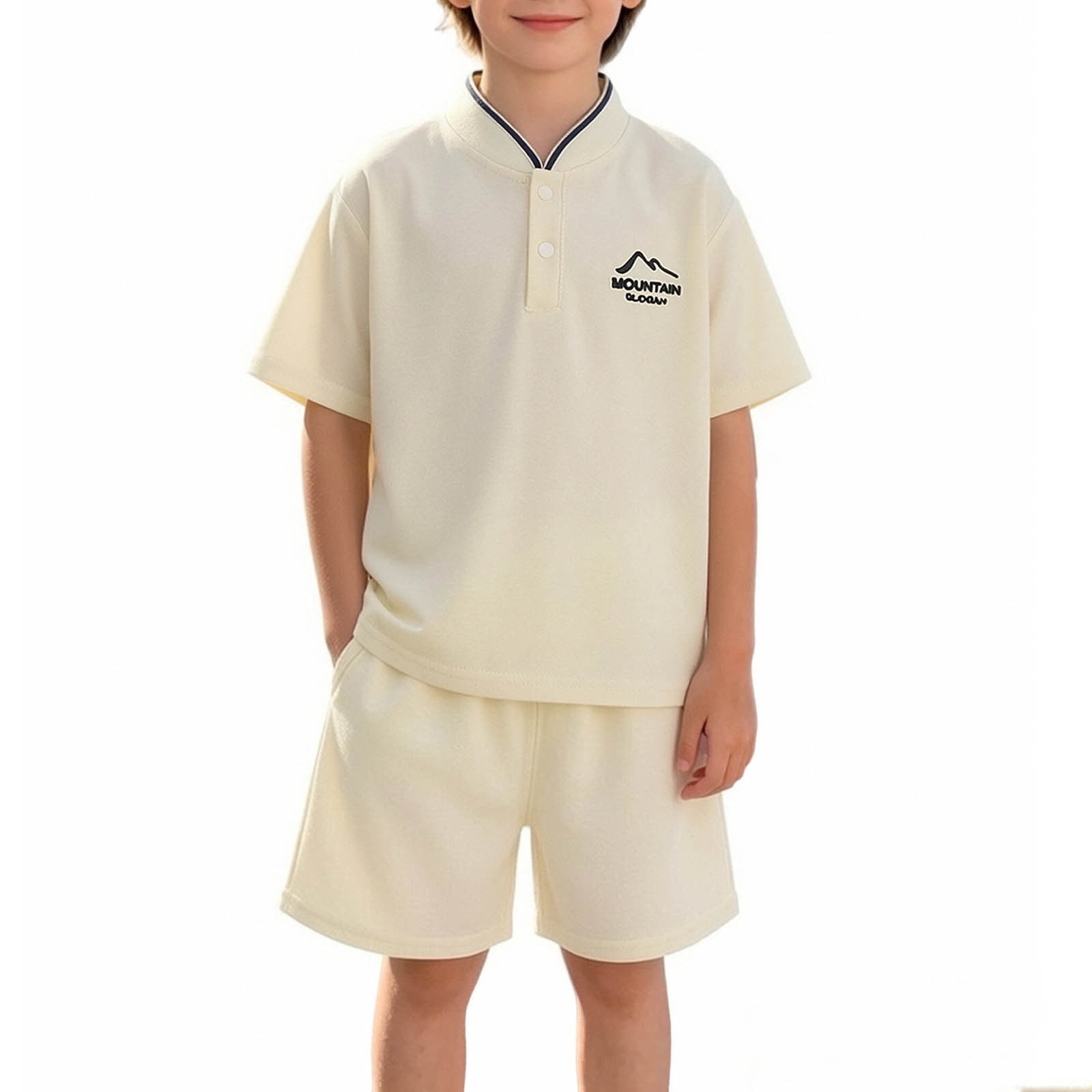 Boy's 2 Pieces Cotton Sets Short Sleeve Henley Shirt and Shorts Summer ...
