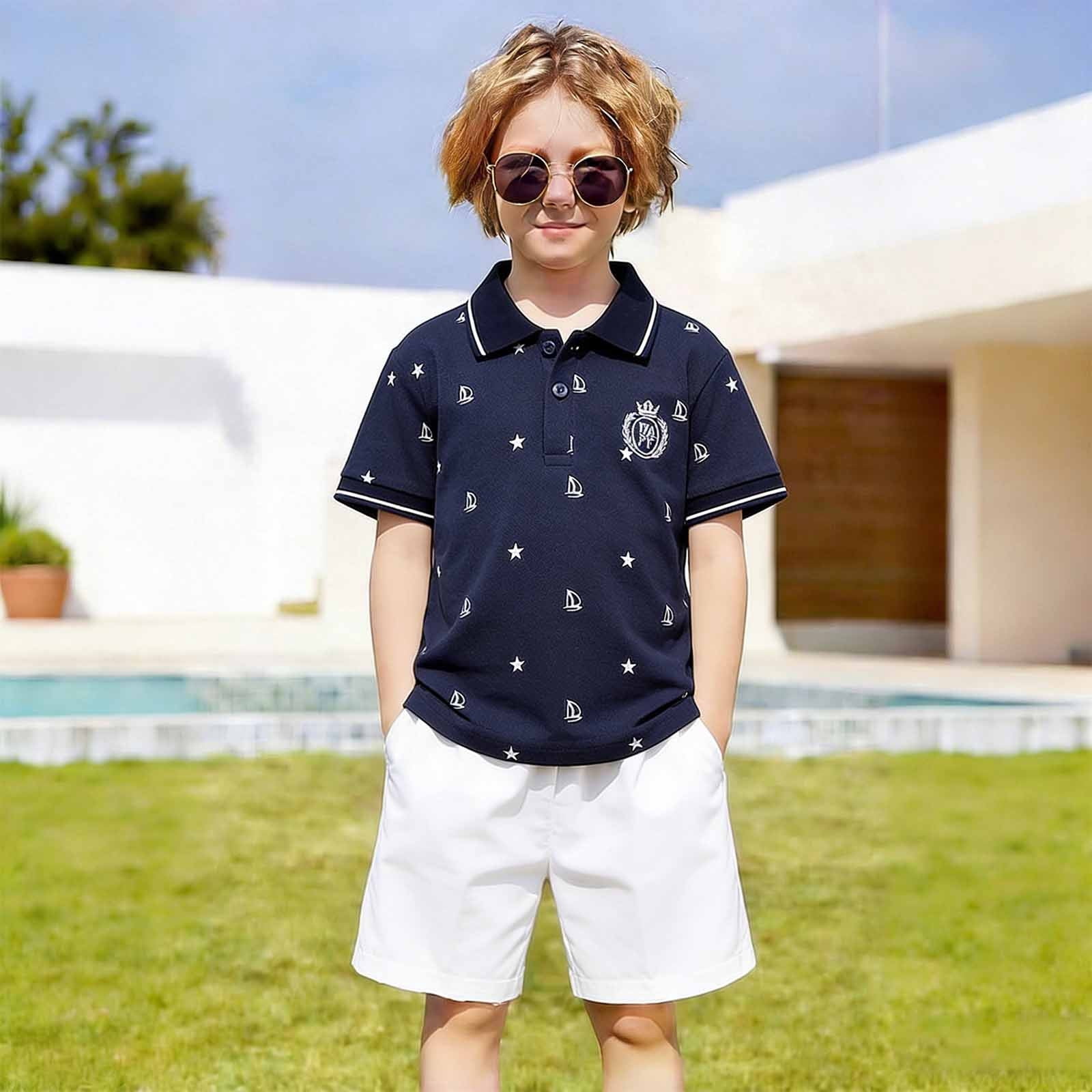 Boy's Allover Print Polo Shirts Short Sleeve Collar Navy Summer ...