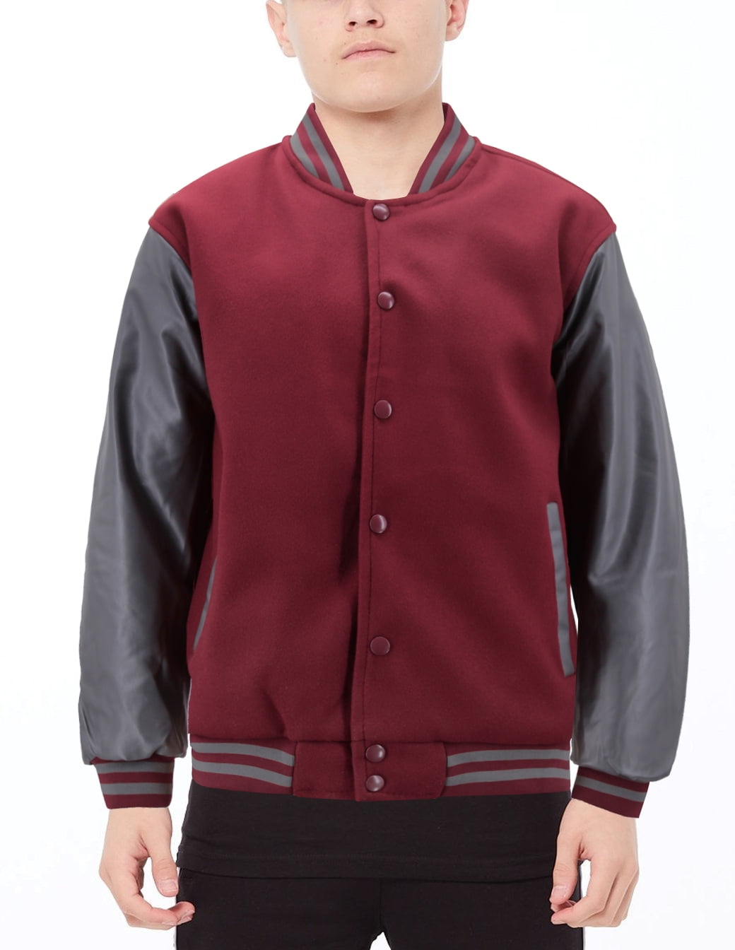 Boy's Classic Two Tone Snap Button College Sports Kids Letterman Varsity Jacket (Burgundy ...