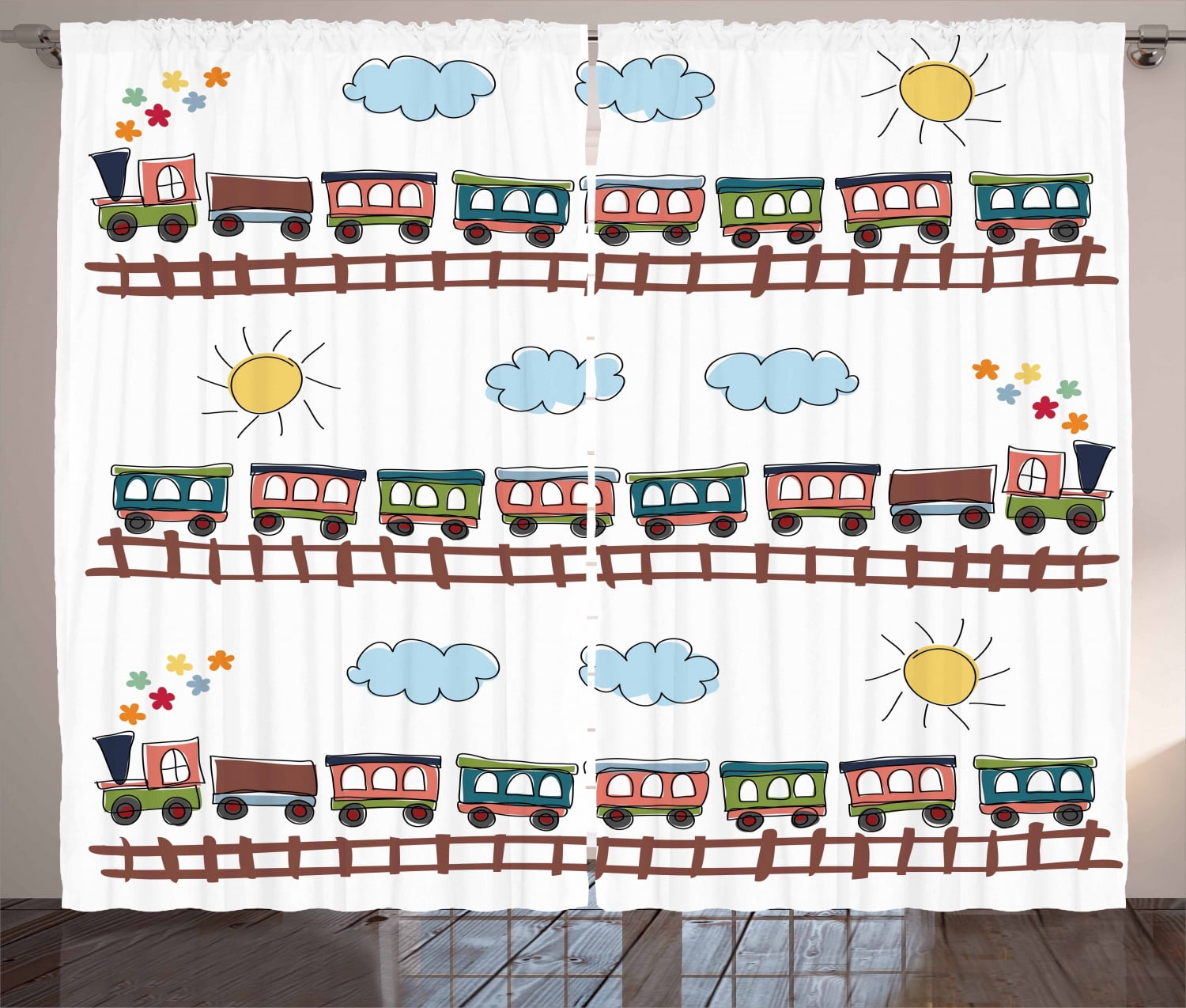 Ambesonne Cartoon Curtains 2 Panel Set, Train Tracklines, 108" x 96 ...