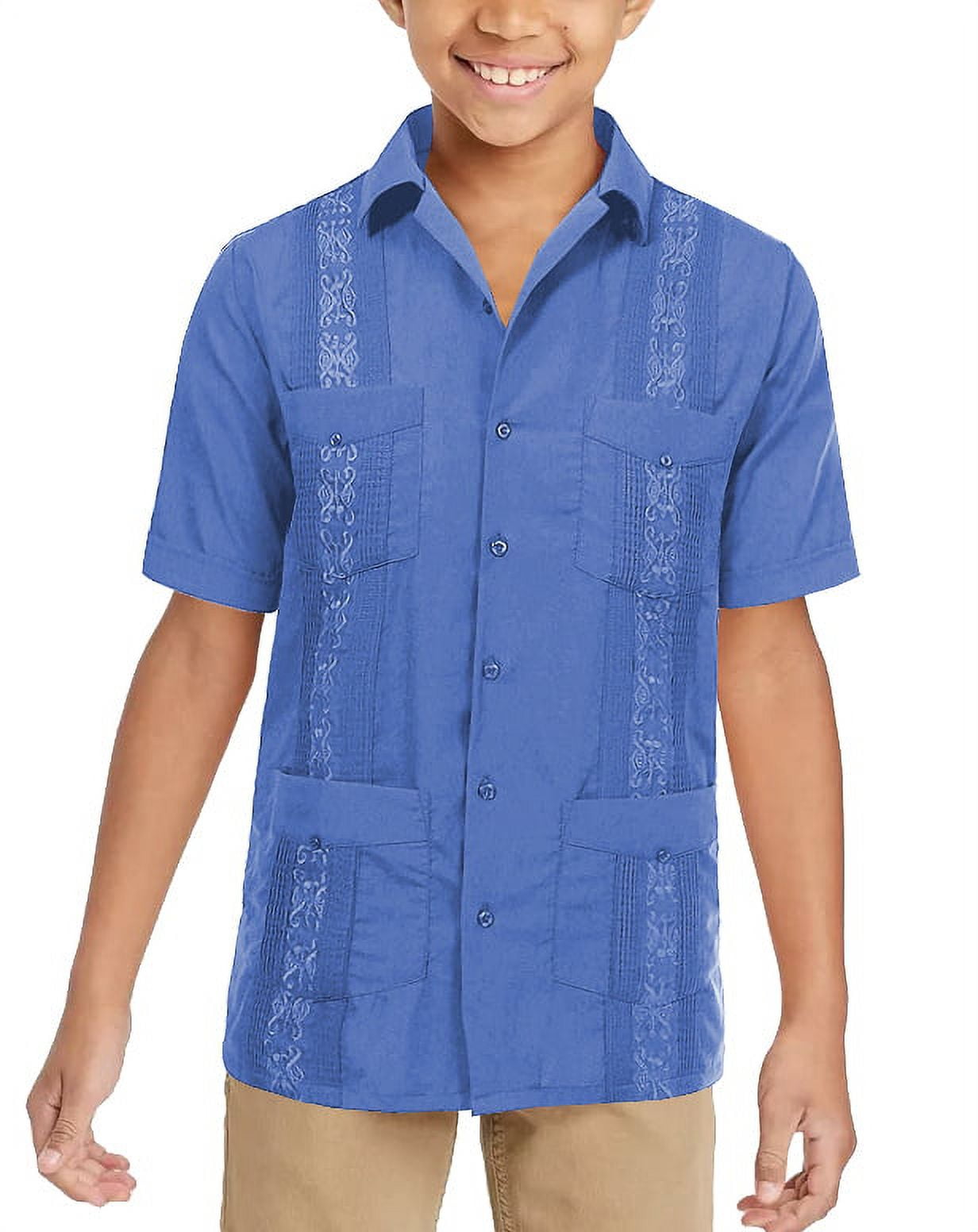 Boy's Embroidered Short Sleeve Wedding Baptism Kids Button-Up Guayabera Shirt (French Blue, L ...