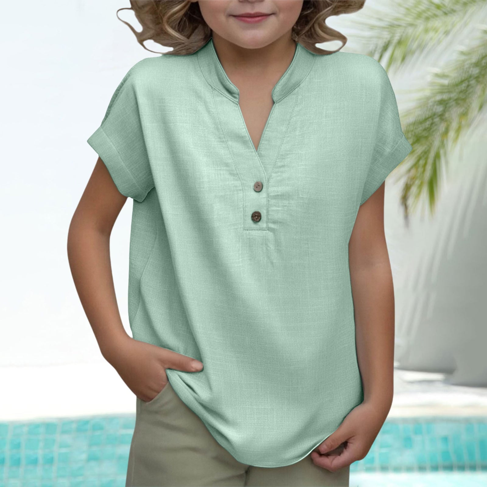 Boy's Girl's Summer Tank Loose Fit Pleated V Neck Sleeveless Top Curved Hem Flowy Casual Boys ...