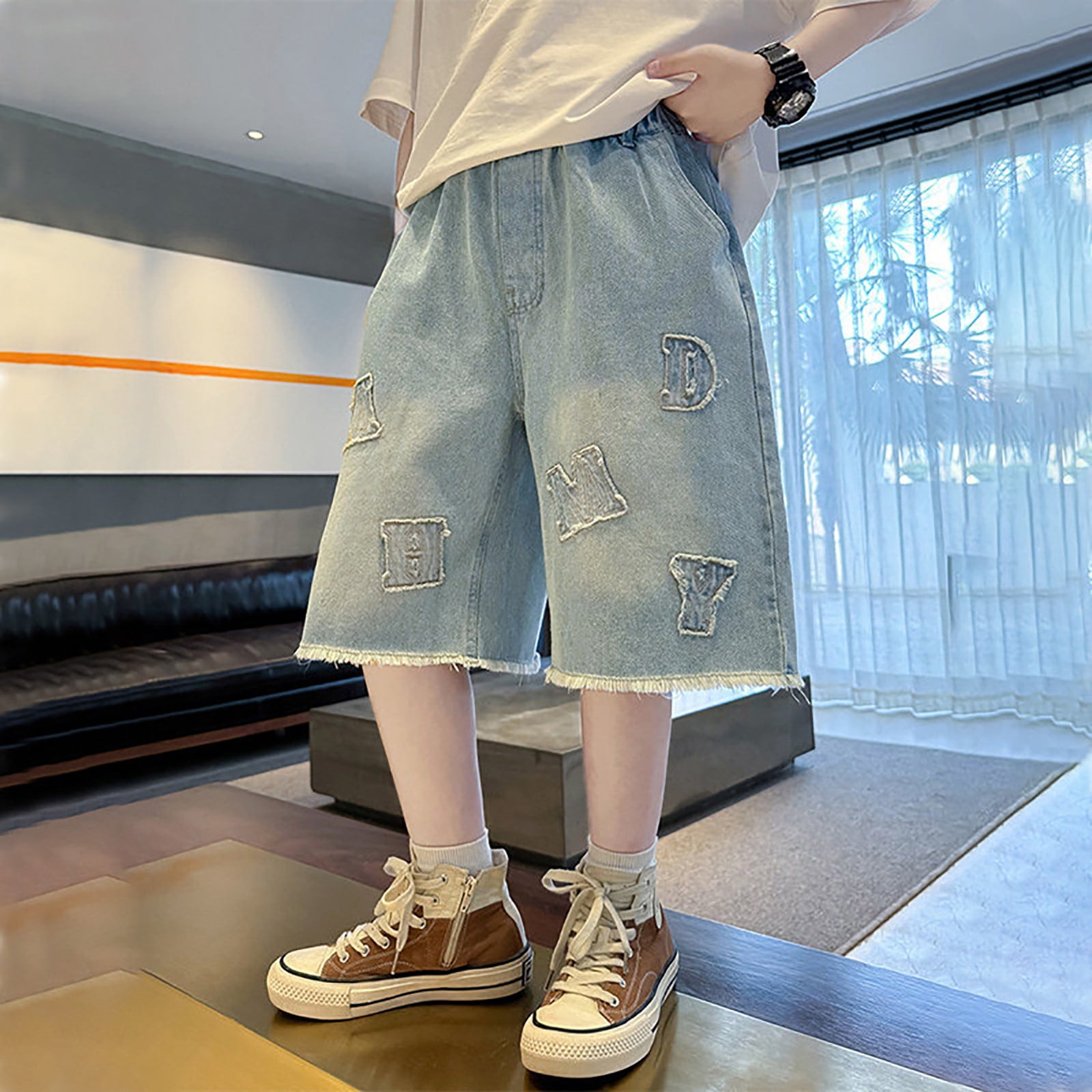 Boy's Girls Loose Denim Shorts Baggy Casual Wide Leg Mid Jean Jorts ...