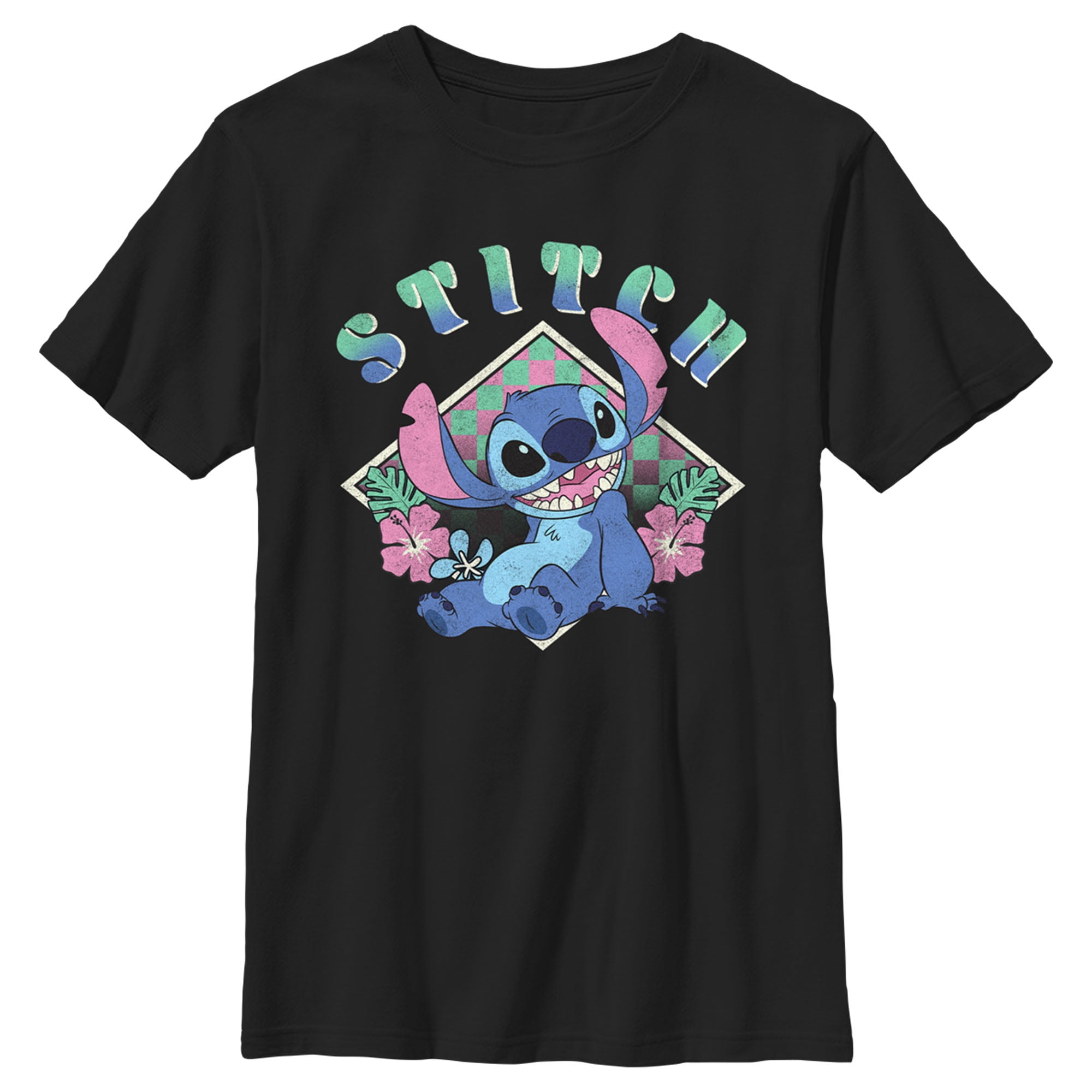 Boy's Lilo & Stitch Distressed Checkerboard Stitch Graphic Tee Black ...