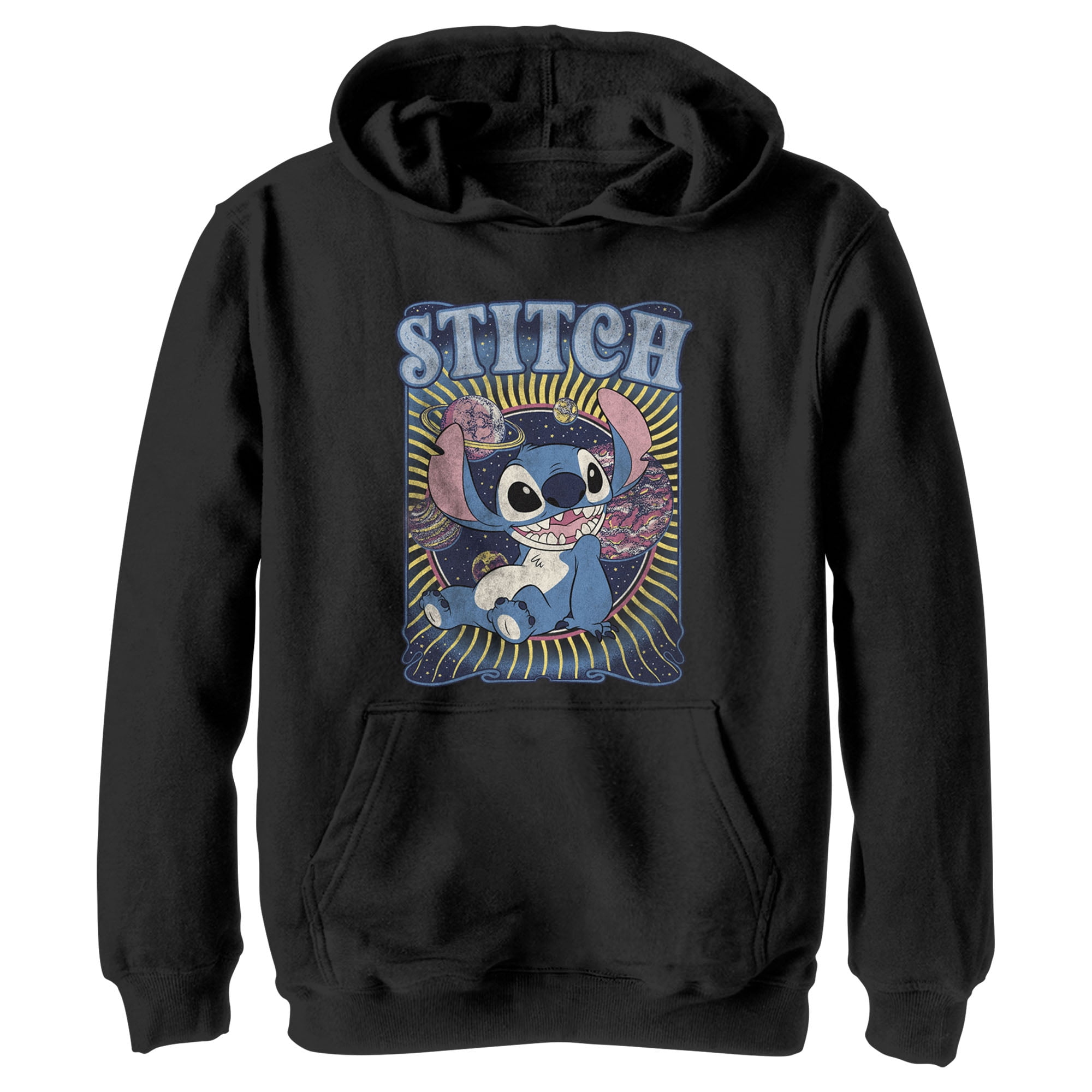 Boy's Lilo & Stitch Groovy Planets Stitch Pull Over Hoodie Black Large ...