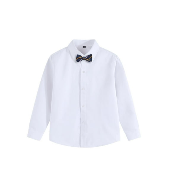 Boy's Long Sleeve Button-Down Shirt with Tie Solid Color Collared Dress ...
