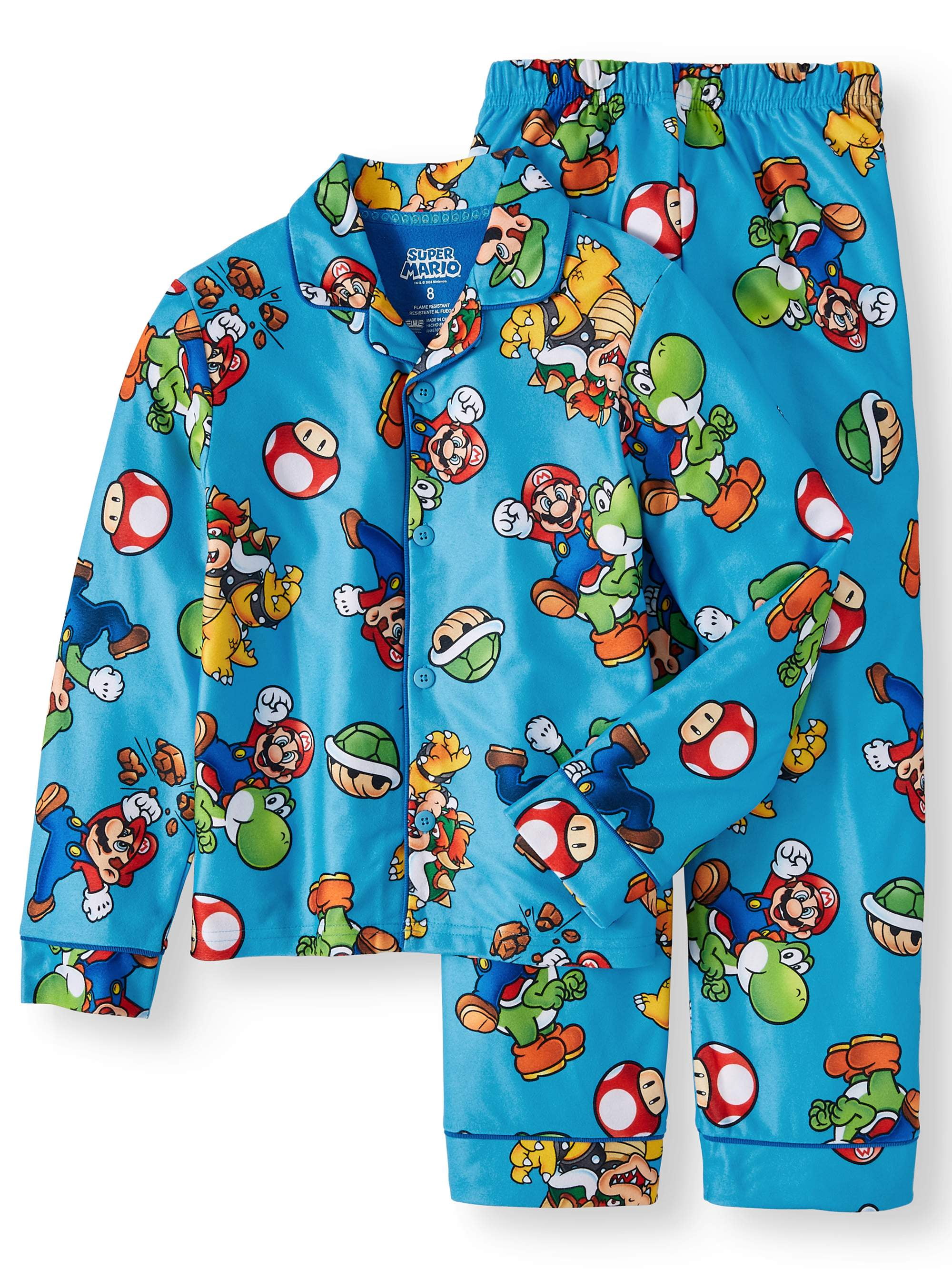 Super Mario Bros Boy's Button Up Pajama Sleep Set, Long Sleeve, 2-Piece ...