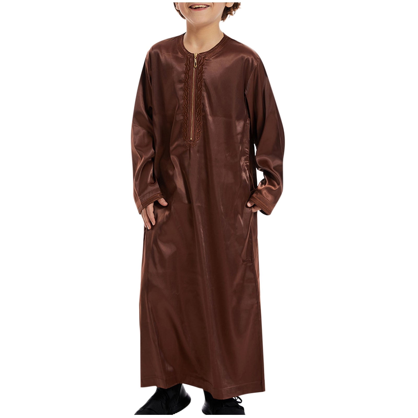 Boy's Muslim Thobe Arab Islamic Kaftan Half Zip Embroidered Robe ...