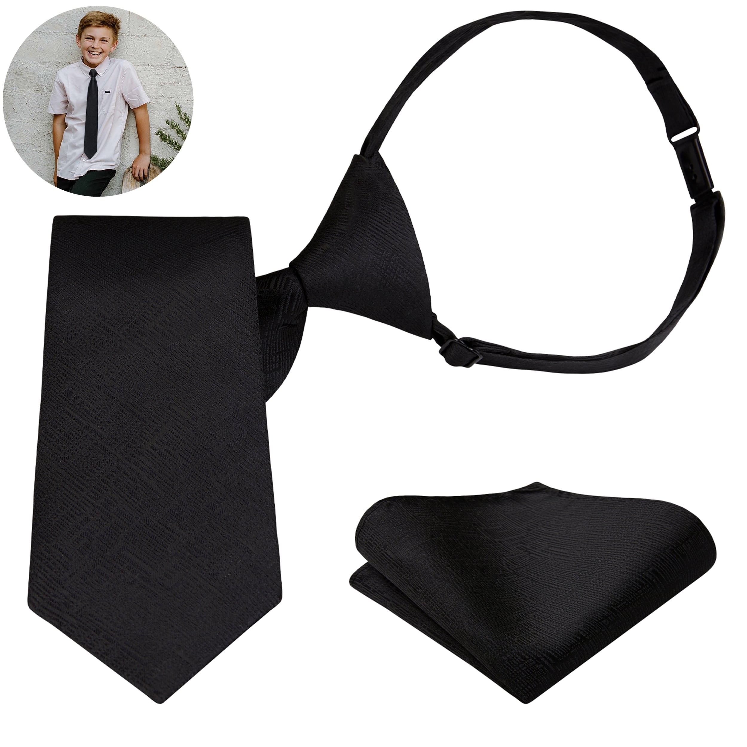 Boy's Necktie Black Tie Pocket Square Set Adjustable Strap Ties for ...