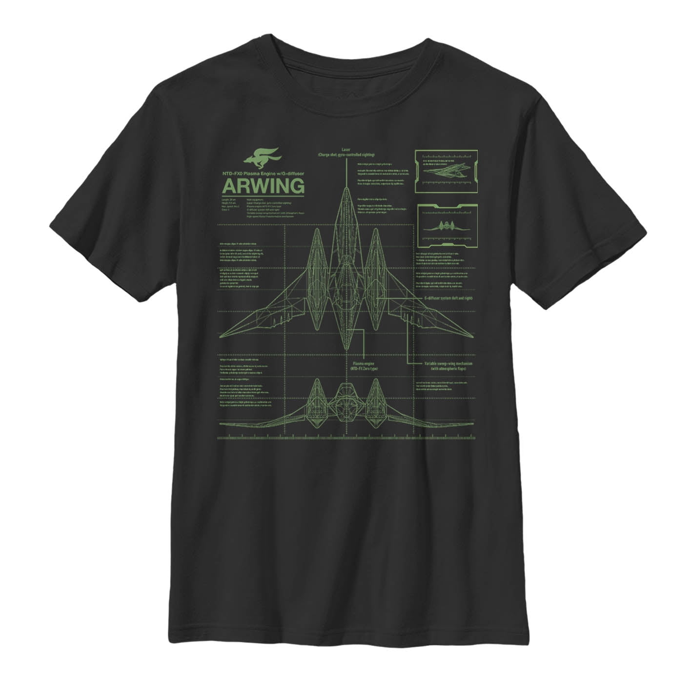 Boy's Nintendo Star Fox Arwing Schematics Graphic Tee Black Large ...