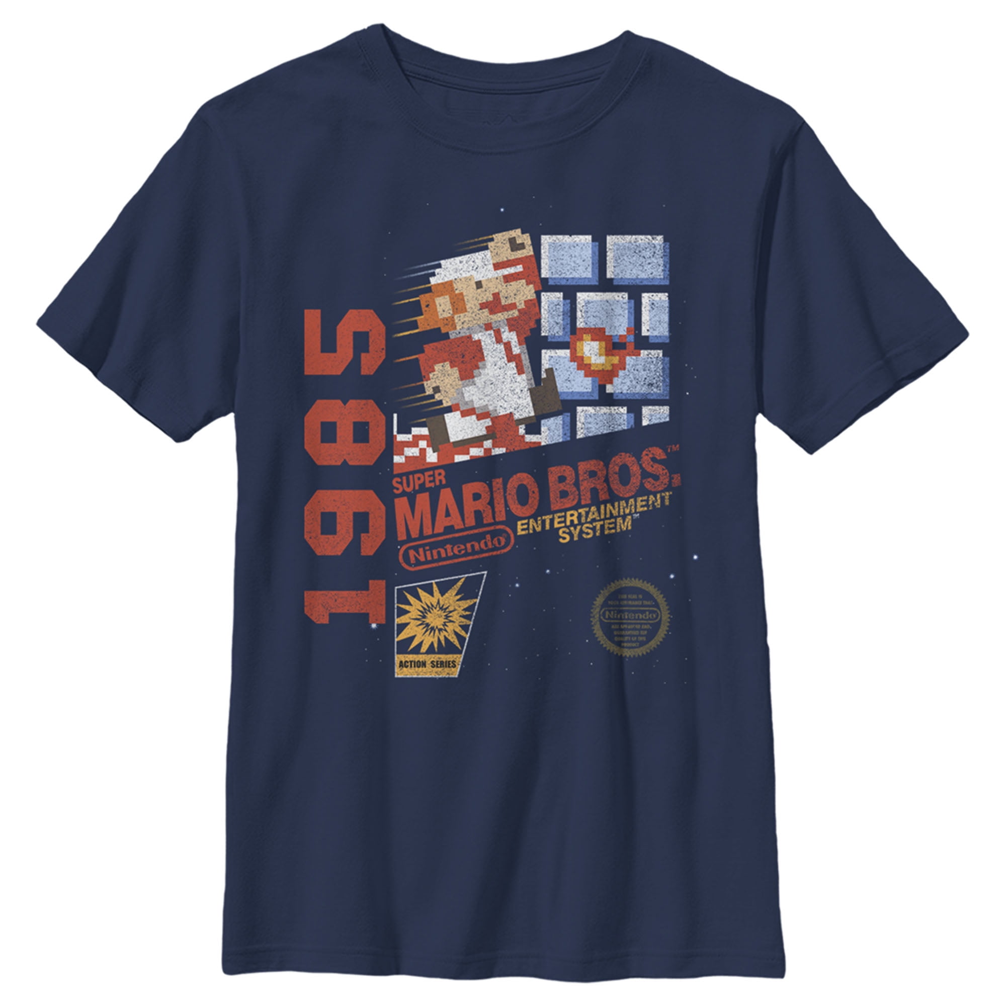 Boy's Nintendo Super Mario Bros 1985 Box Art Graphic Tee Navy Blue ...
