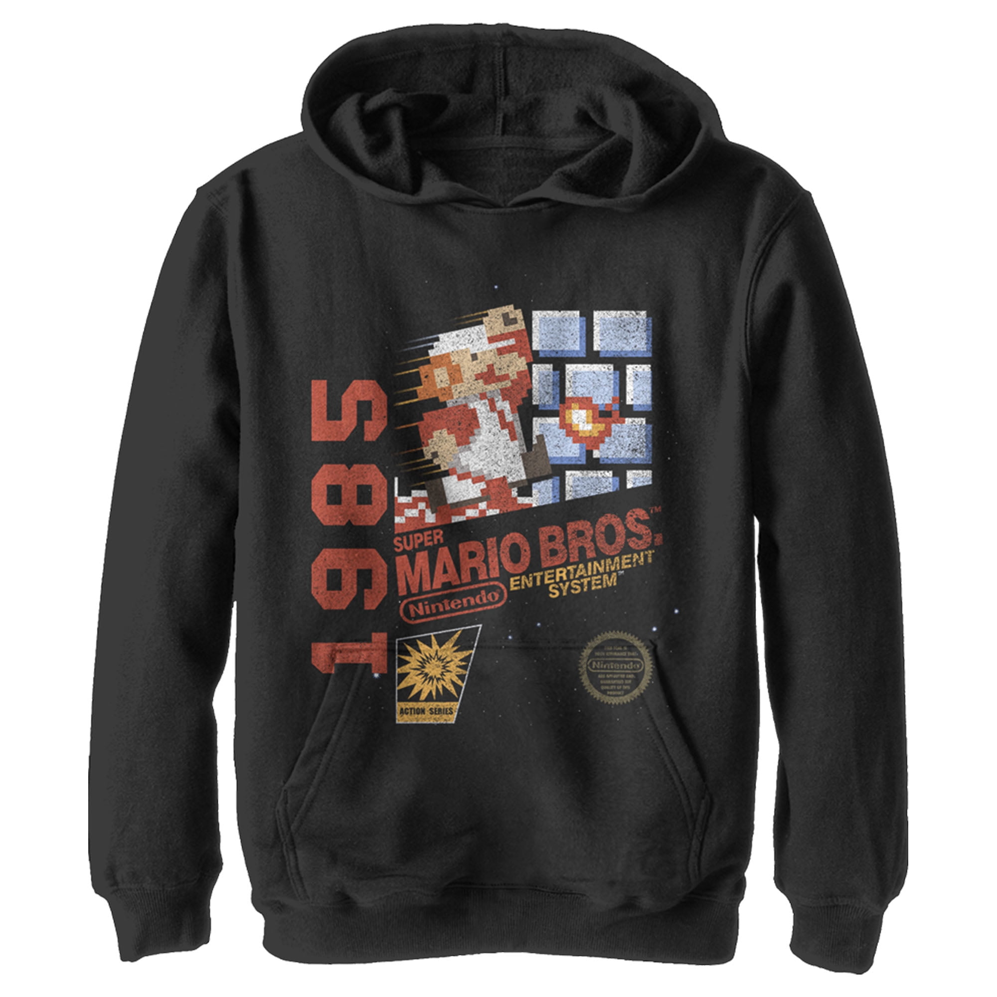 Boy's Nintendo Super Mario Bros 1985 Box Art Pull Over Hoodie Black Medium - Walmart.com