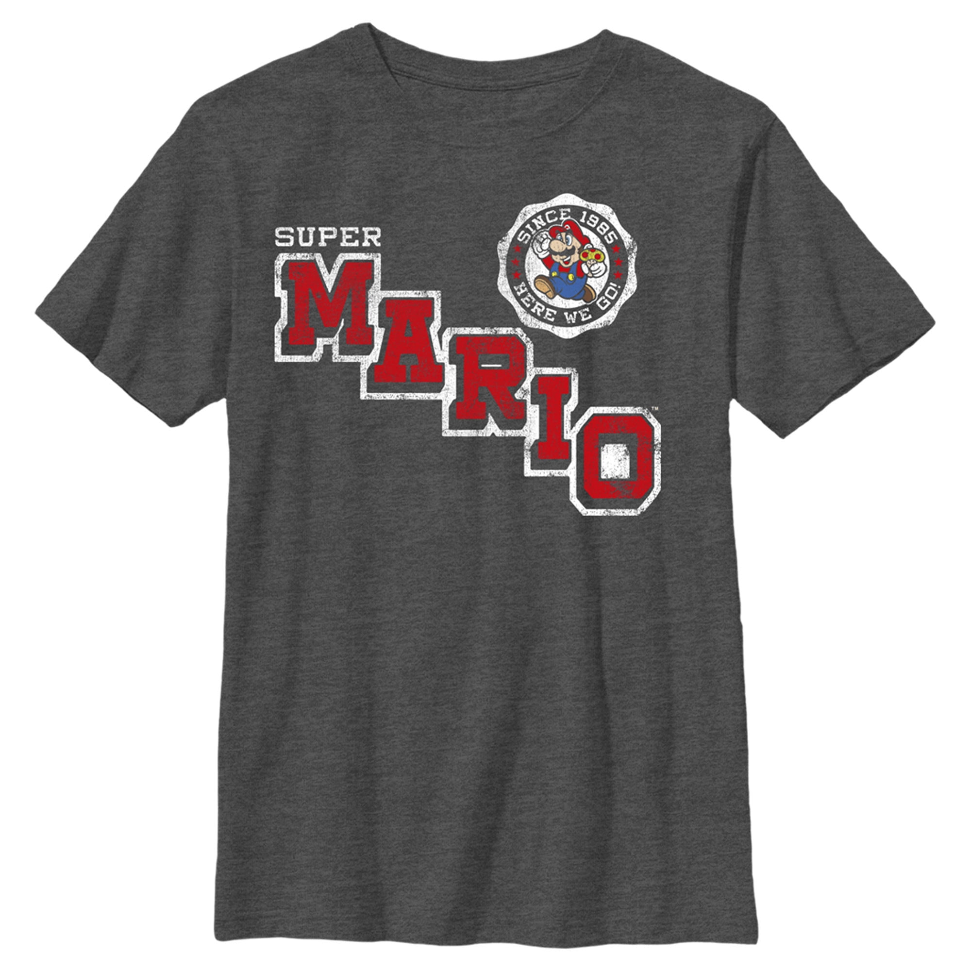 Boy's Nintendo Super Mario Bros. Here We Go Distressed Varsity Graphic ...