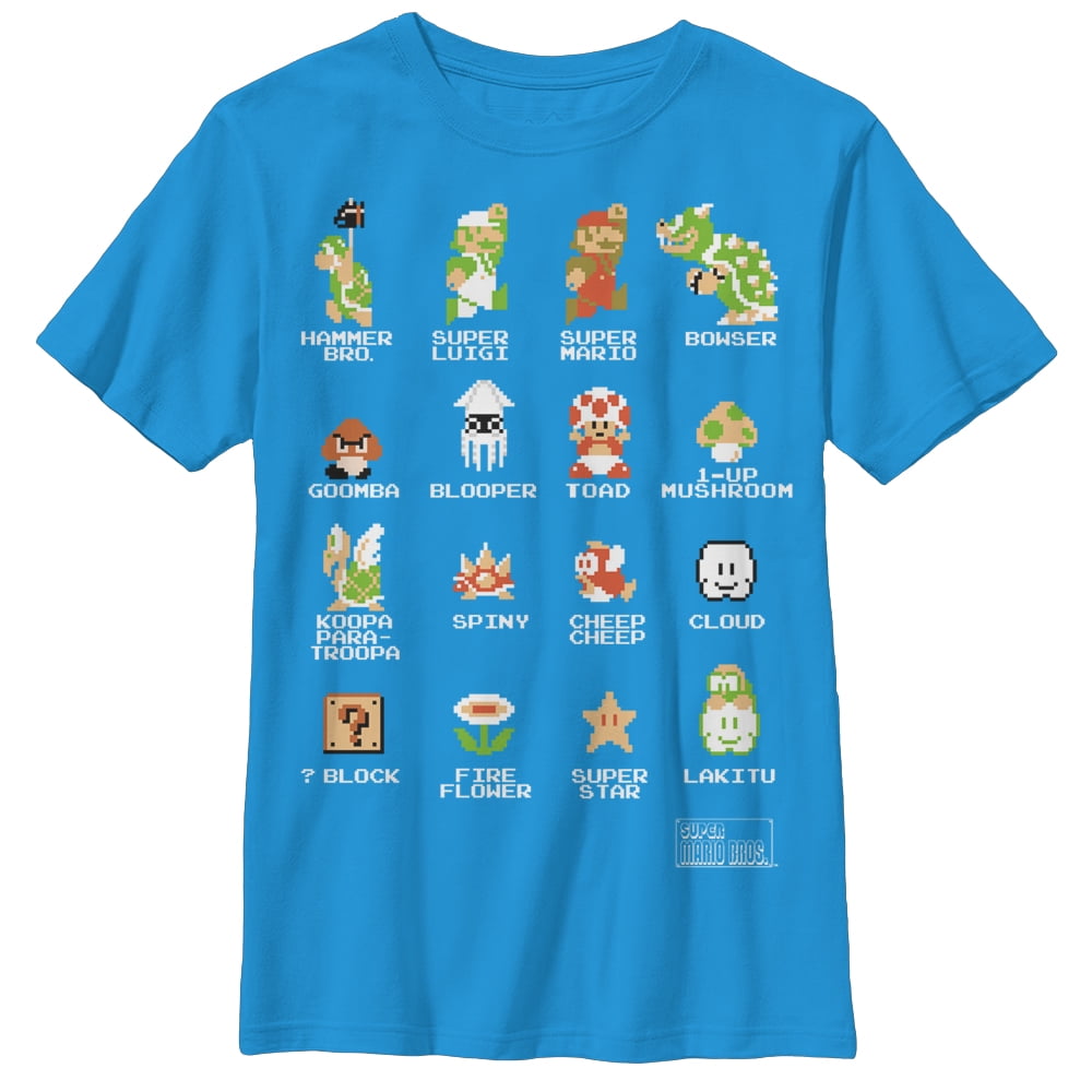 Boy's Nintendo Super Mario Bros Pixel Cast with Names Graphic Tee ...
