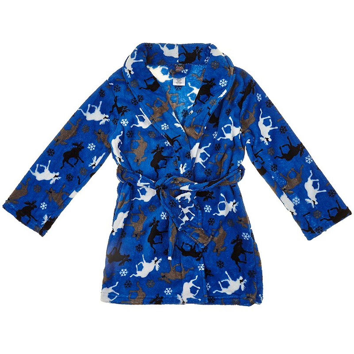 Boy's Plush Royal Blue Moose and Snowflake Fleece Bathrobe, Robe, Size ...