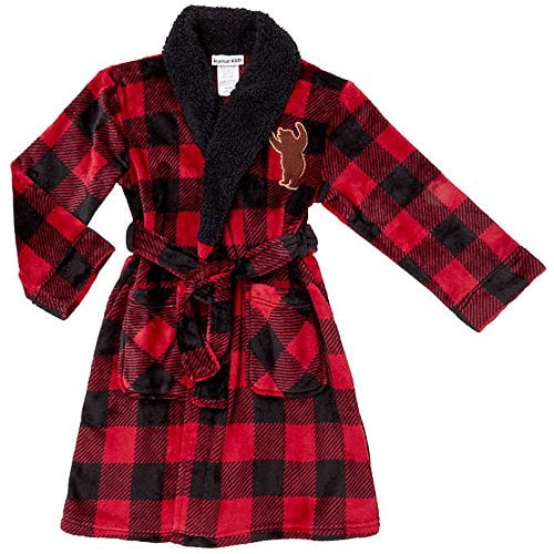 Boy's Red and Black Plaid Grizzly Bear Fleece Bathrobe, Robe, Small 7/8 ...
