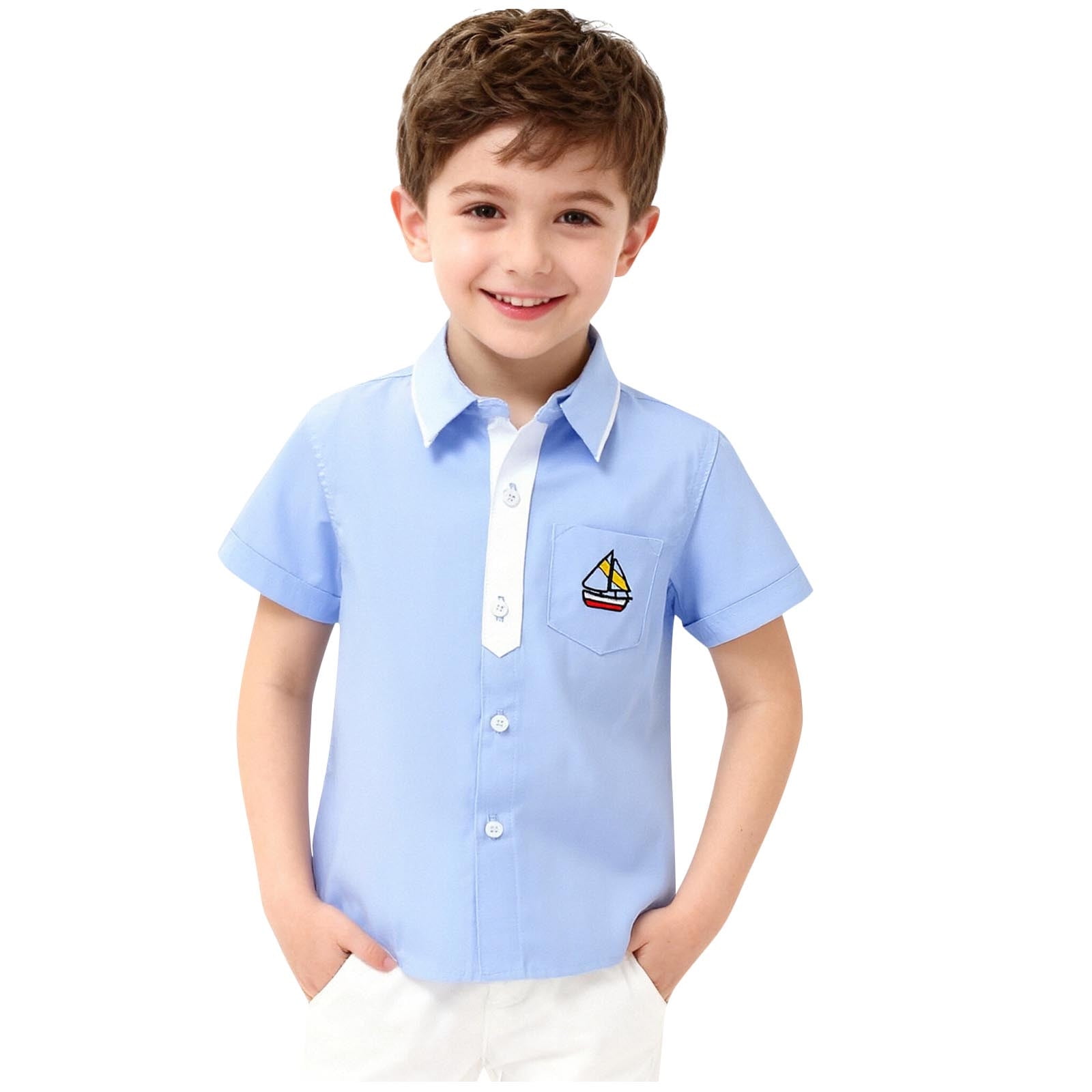 Boy's Short Sleeve Shirts Button Down Lapel Embroidery Tops Color Block ...