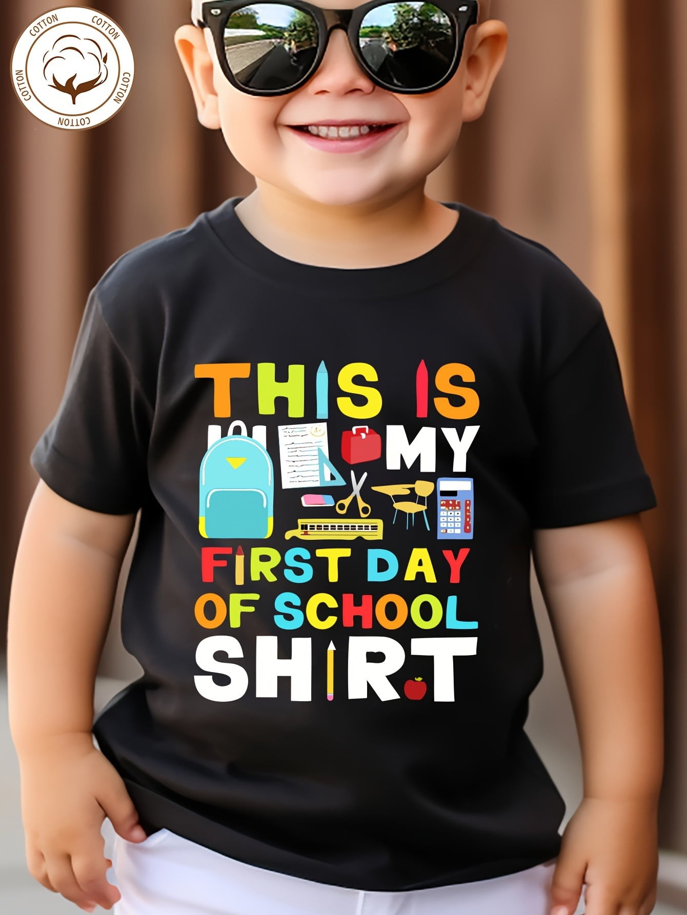 Boy's T-shirt, stationery pattern print, and this is my first of school ...