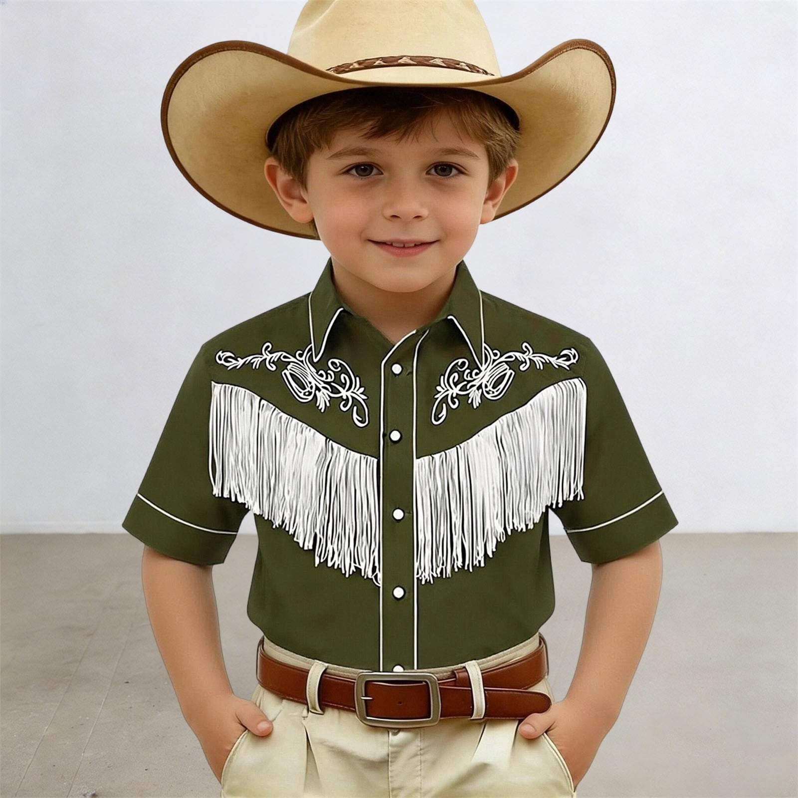 Boy's Western Graphic Collar Shirts Short Sleeve Army Green Summer ...