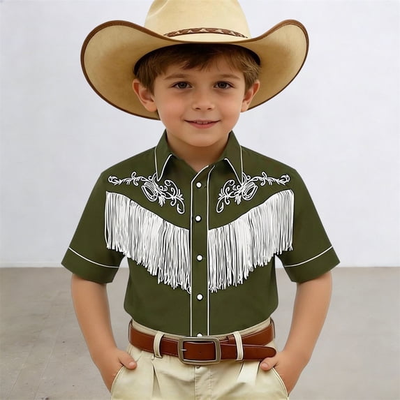 Boy's Western Graphic Collar Shirts Short Sleeve Army Green Summer ...