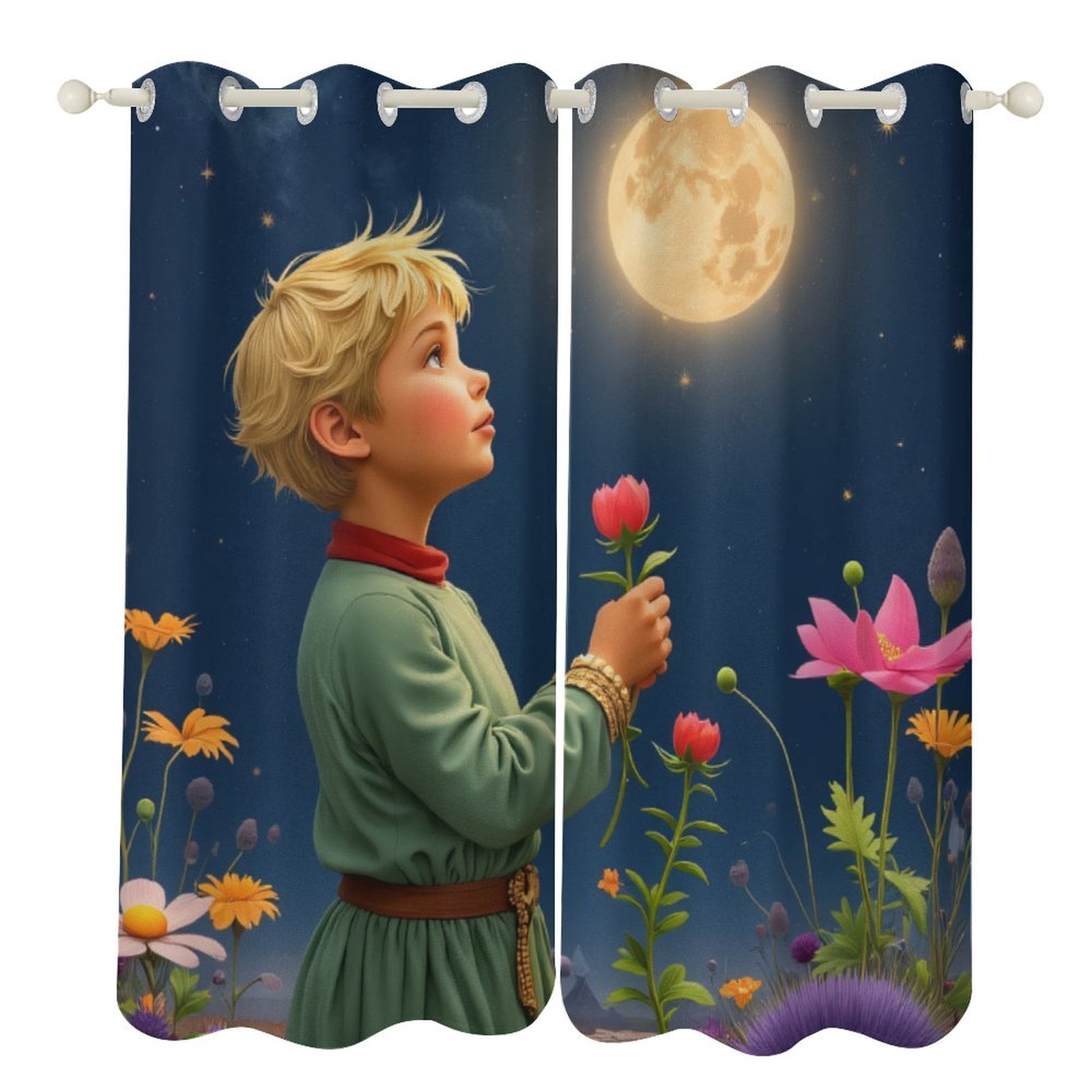 Boy with Flowers Under Moonlight Luxury Window Curtains Blinds for ...
