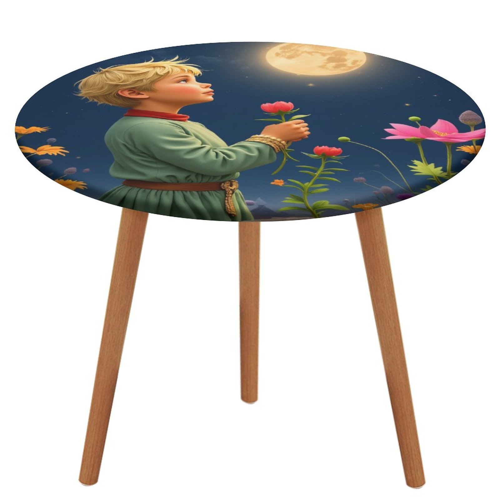 Boy with Flowers Under Moonlight Tablecloth Round Elastic Fitted ...