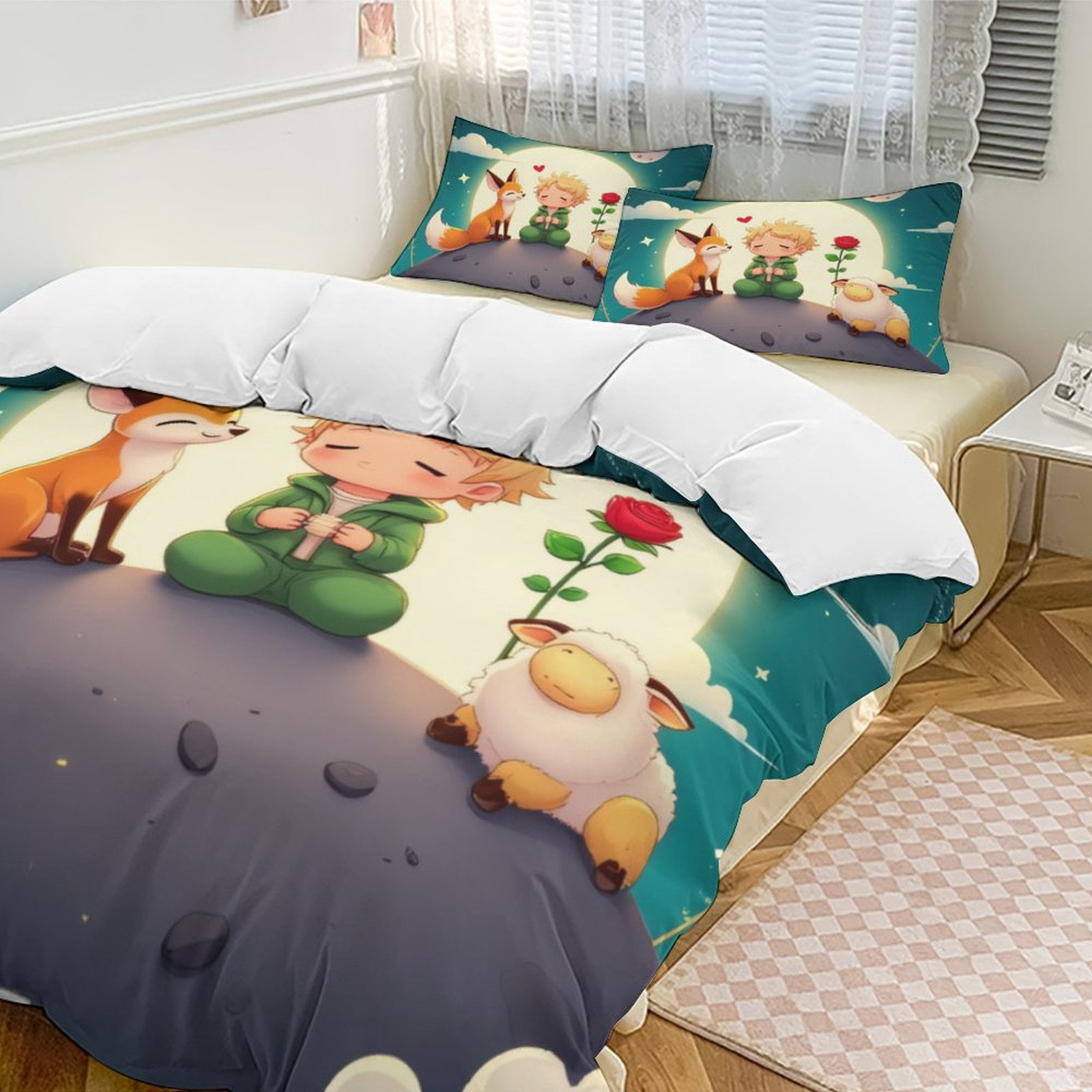 Boy with Fox And Lamb Under Moon 3D Duvet Cover Set Quilt Cover Theme ...