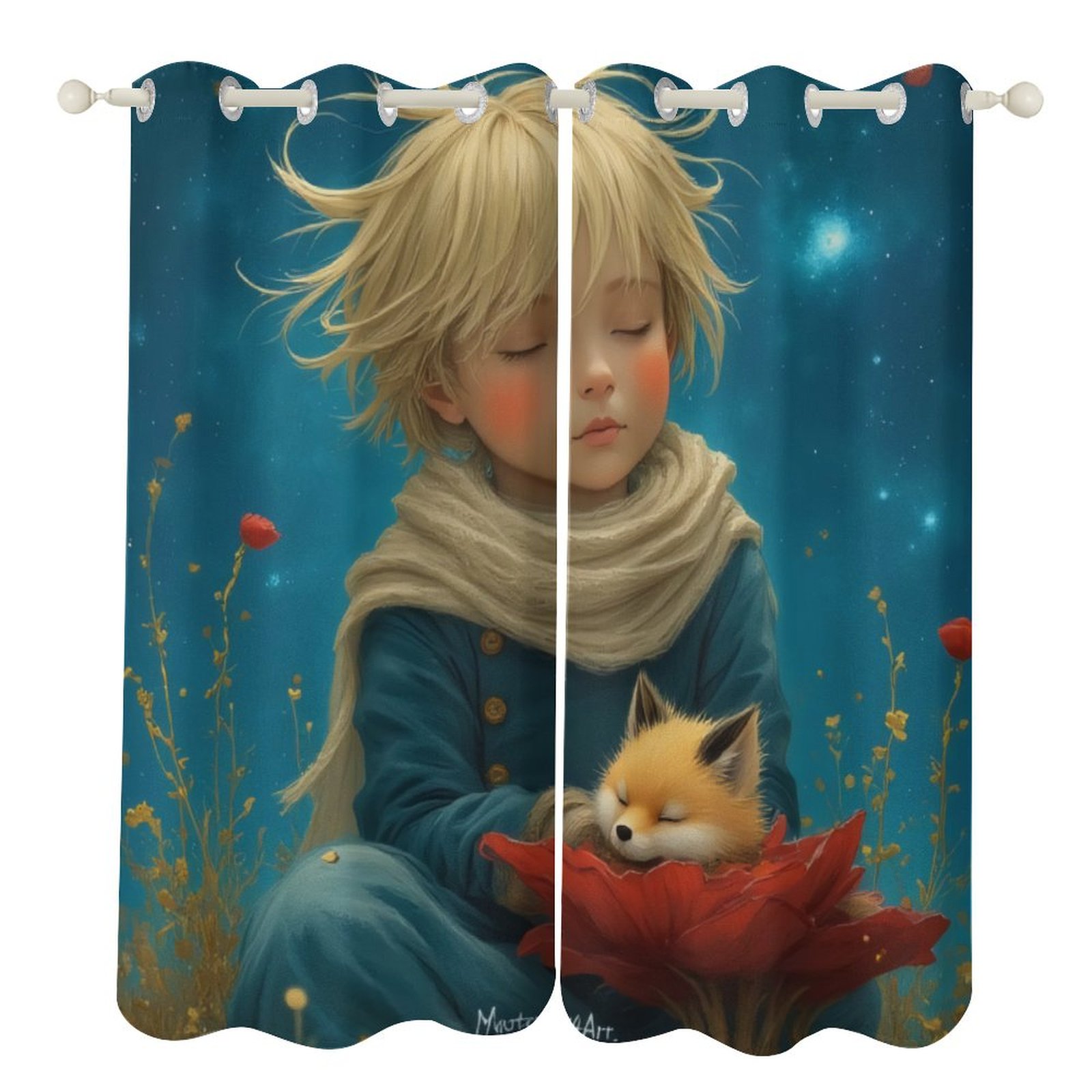 Boy with Fox in Space 2 Panels Curtains for Bedroom Living Room Drapes ...