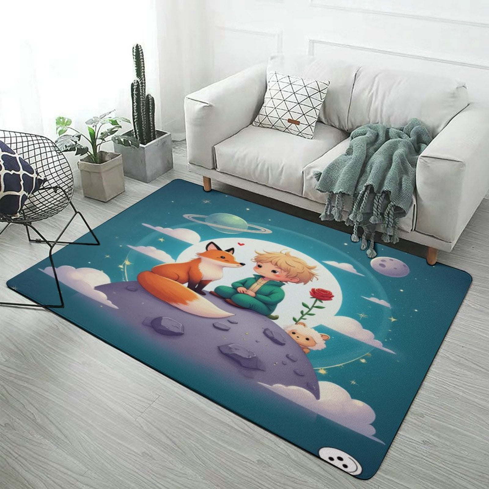 Boy with Fox on Moon Home Decor Living Room Carpet Non-slip Hotel Lobby ...