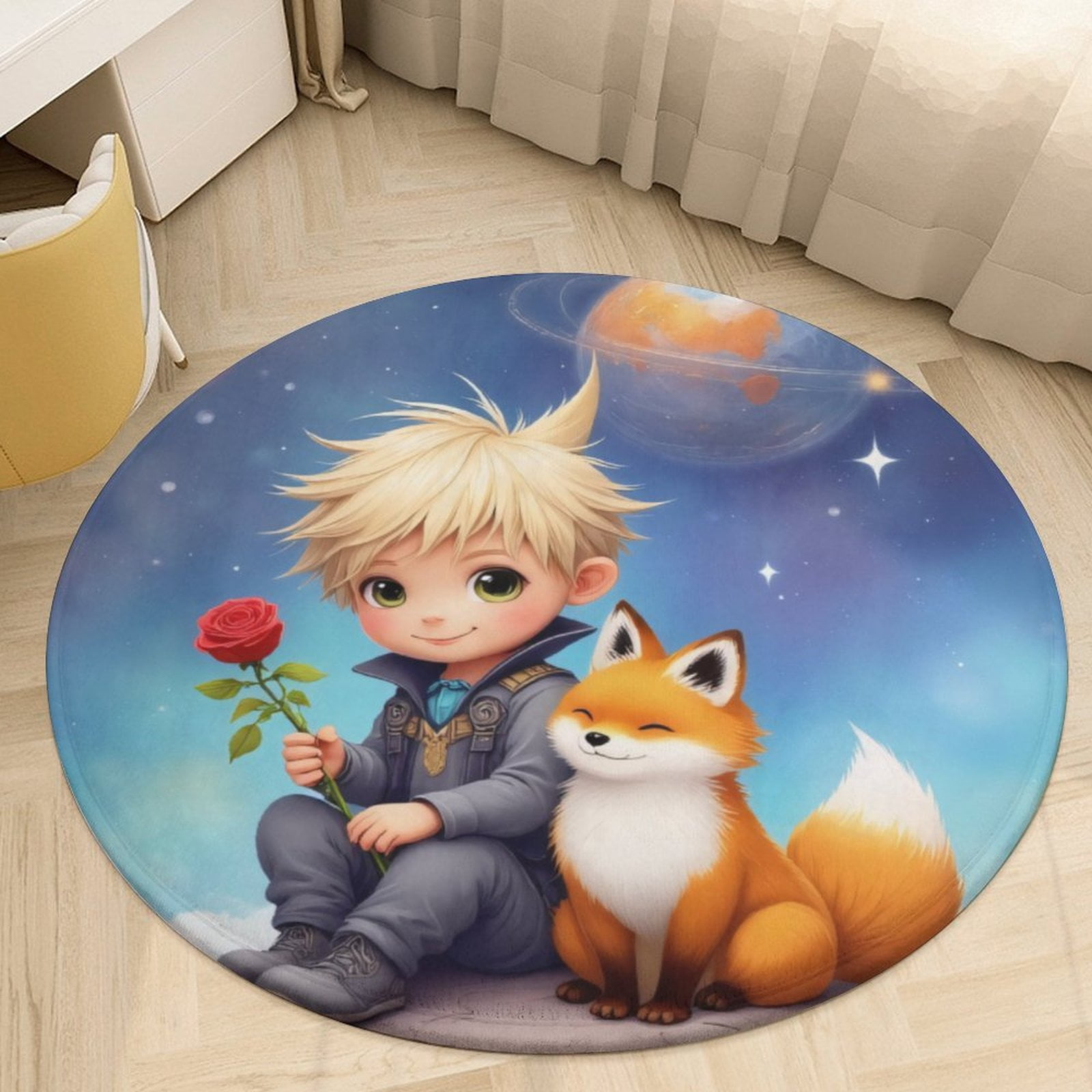 Boy with Rose And Fox in Space Round Area Rugs for Bedroom Living Room ...
