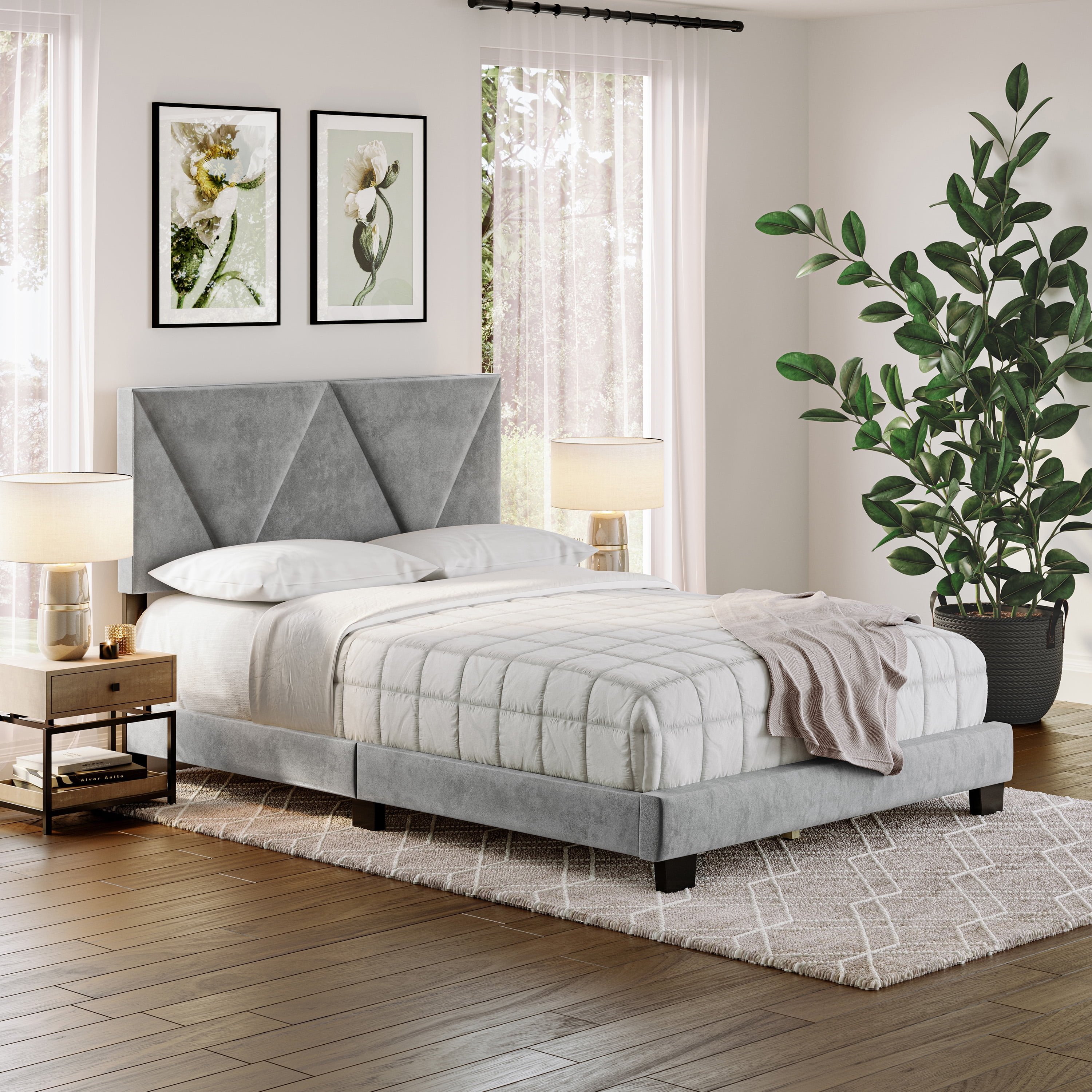 Boyd Sleep Vector Gray Velvet Queen Size Upholstered Platform Bed Frame ...