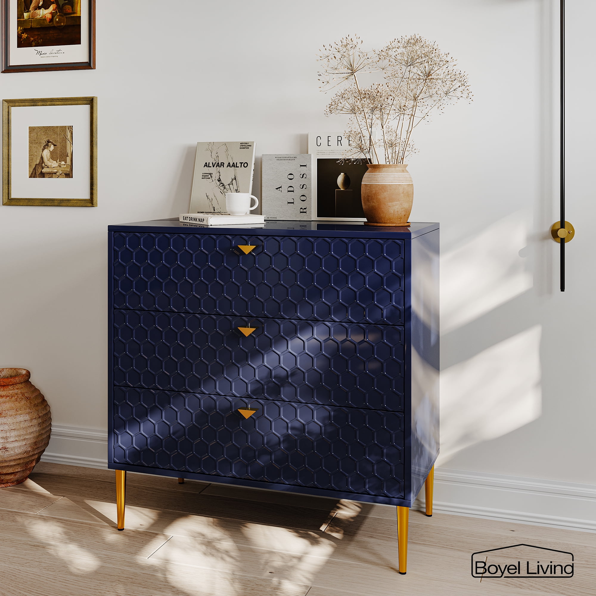 Boyel Living 3 Drawer Dresser for Bedroom, Chest of Drawer, Blue Accent ...