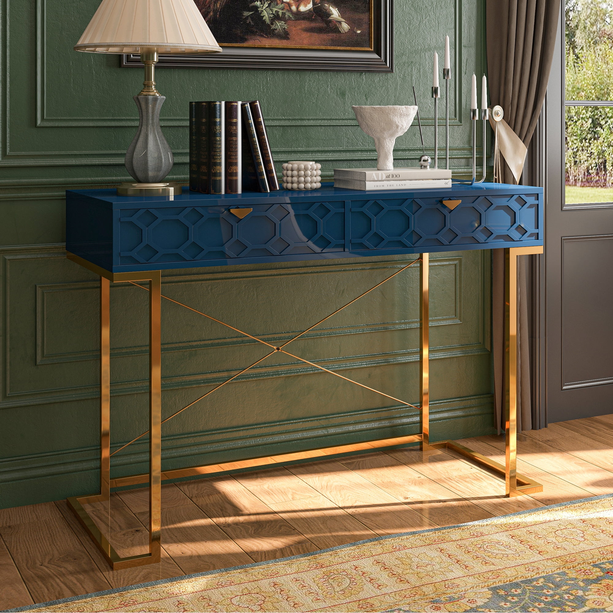 Boyel Living 42" Home Office Desks with 2 Storage Drawers, Blue Writing ...
