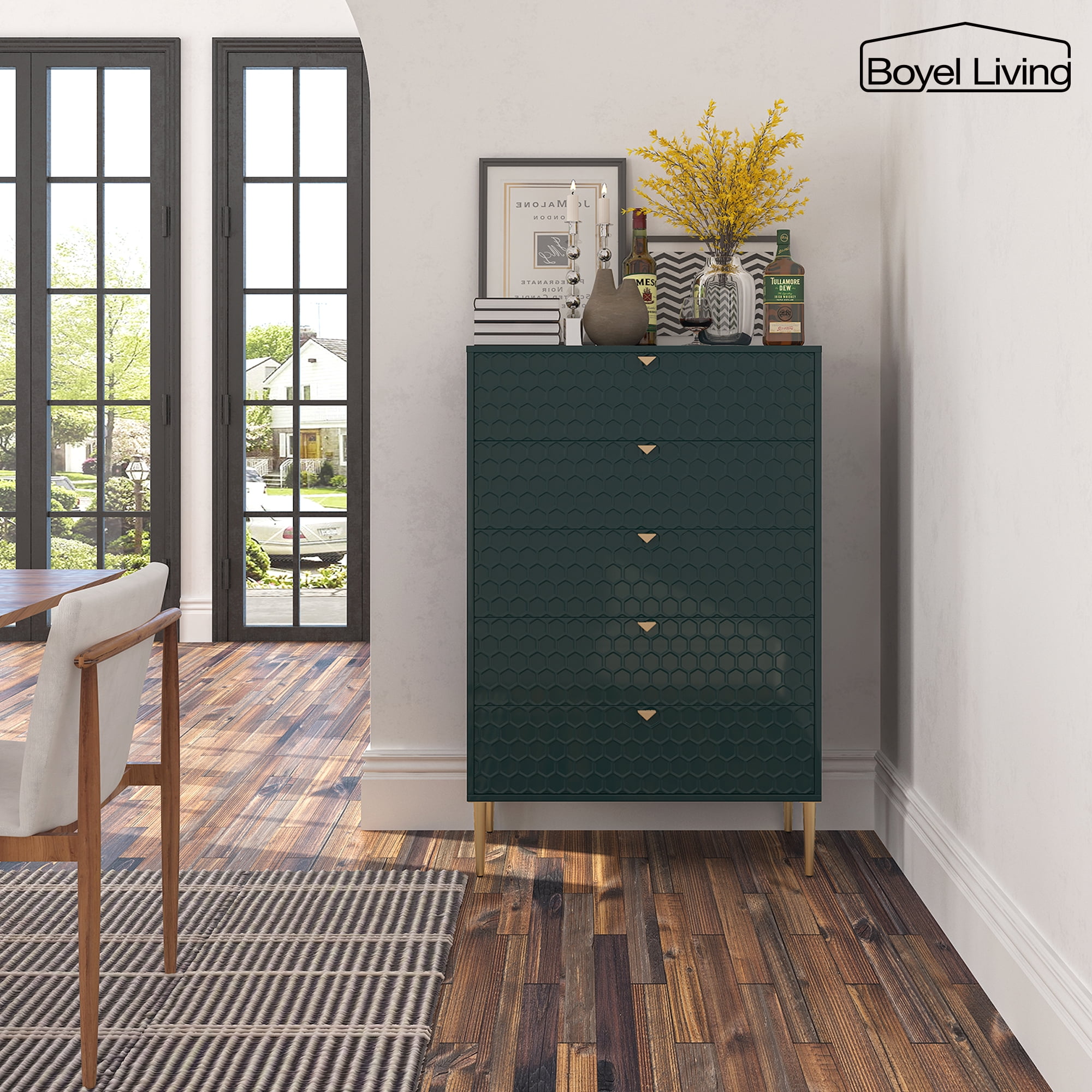 Boyel Living High Height Wide Sleek 5 Drawer Chest in Green for Bedroom ...