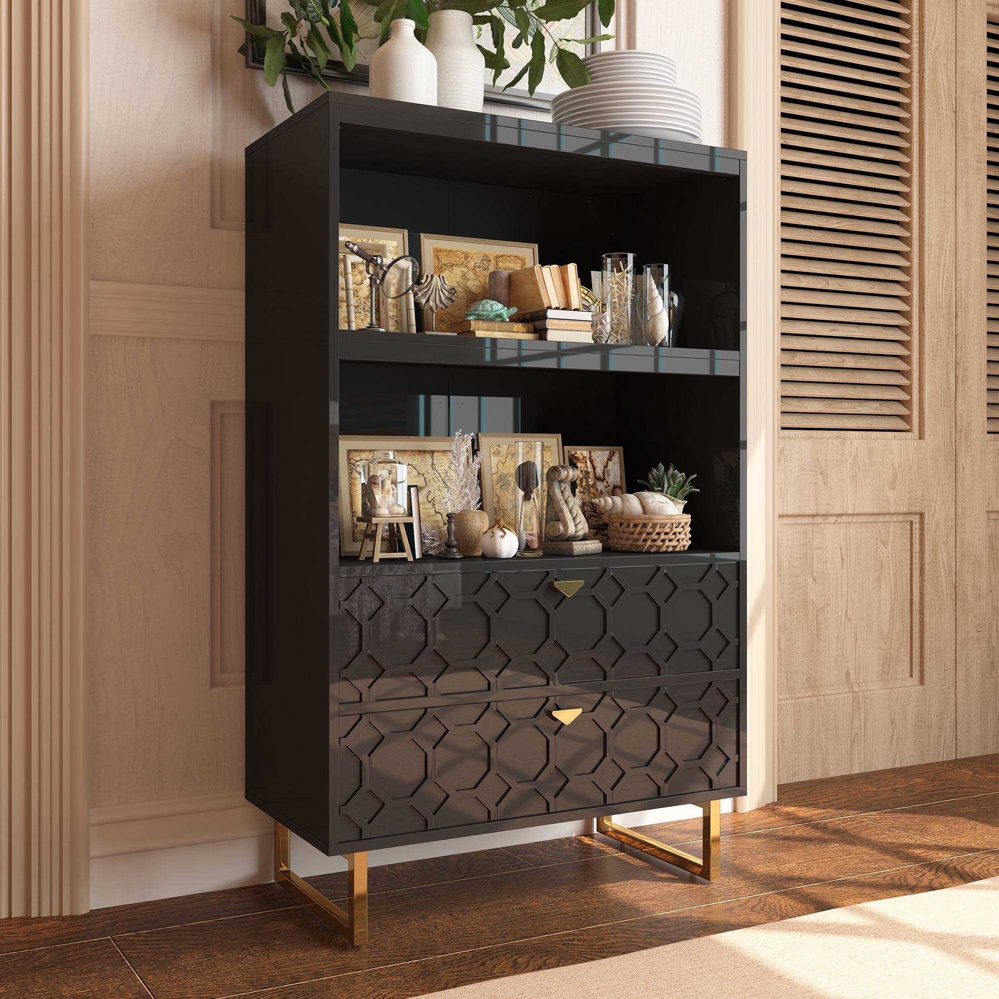 Boyel Living Bookcase with 2 Drawers, 2-Tier Open Bookshelf Free ...